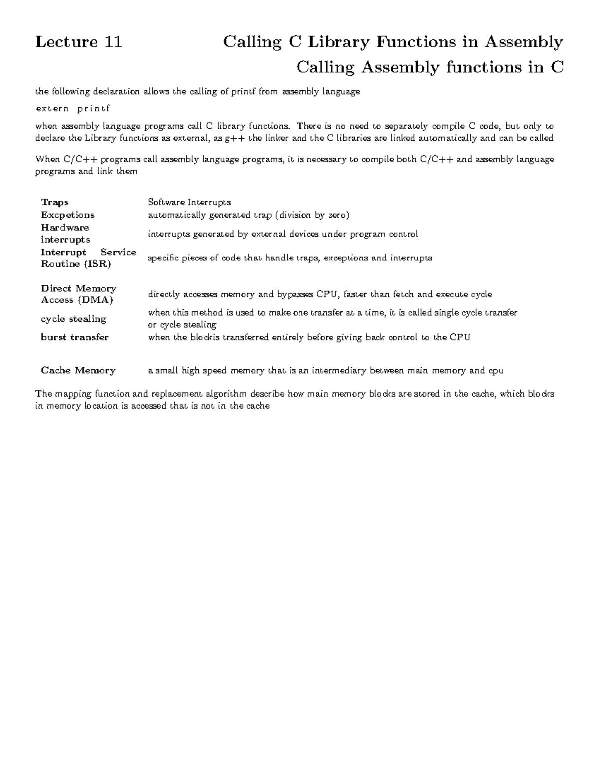 Lec11notes - Lecture notes 11 - Lecture 11 Calling C Library Functions ...