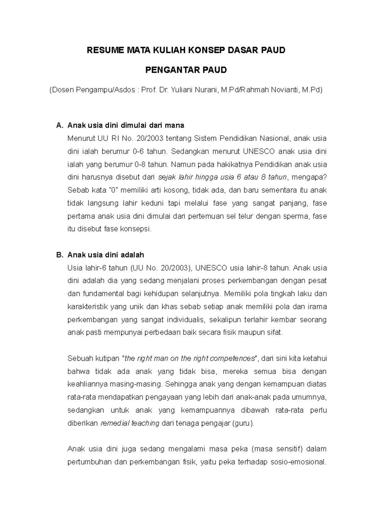 Hakikat Dasar PAUD - Pengantar PAUD - RESUME MATA KULIAH KONSEP DASAR PAUD PENGANTAR PAUD (Dosen ...