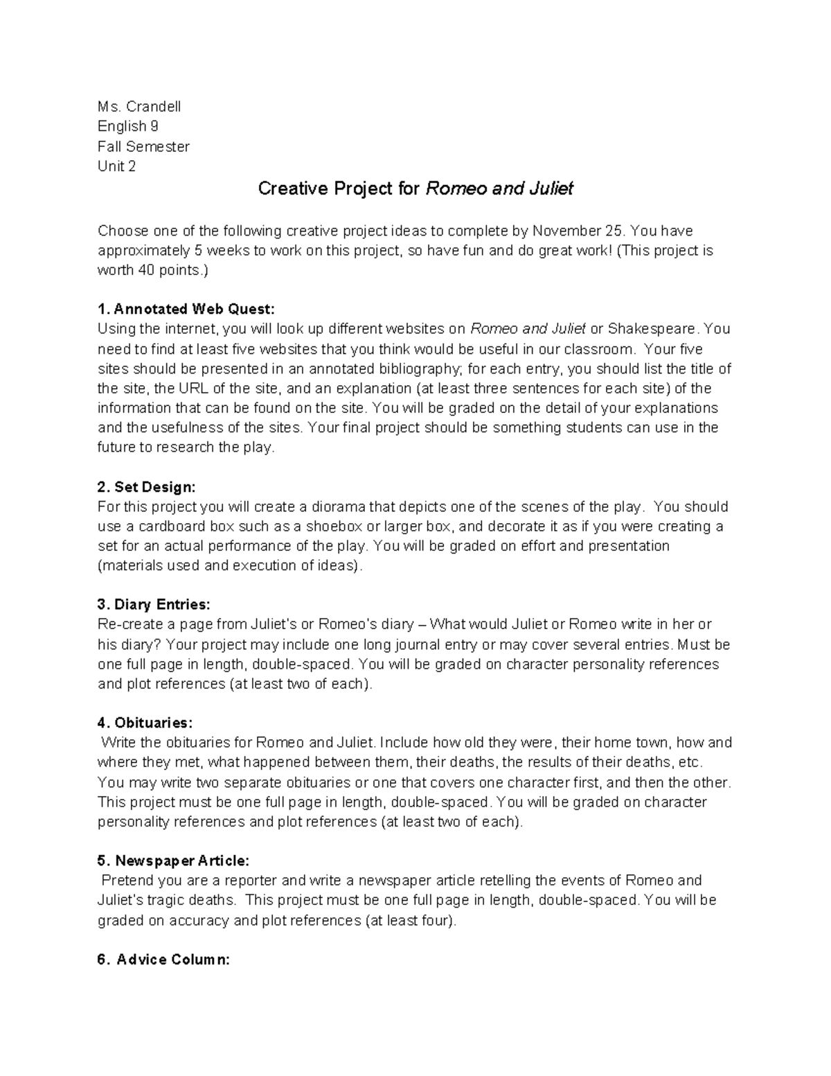English 9 fall semester unit 2 romeo and juliet creative project - Ms ...