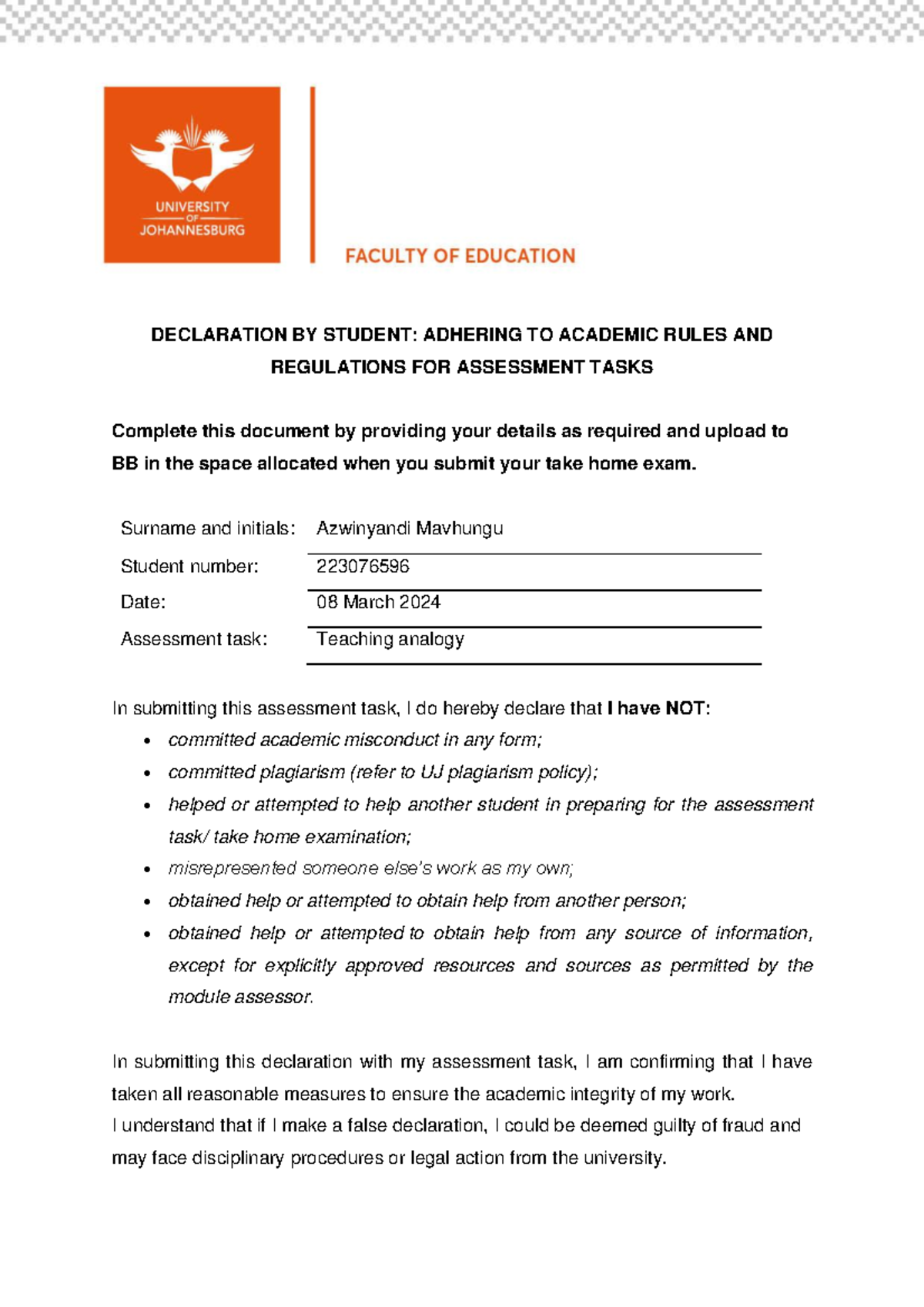 Teaching anology 223076596 - DECLARATION BY STUDENT: ADHERING TO ...