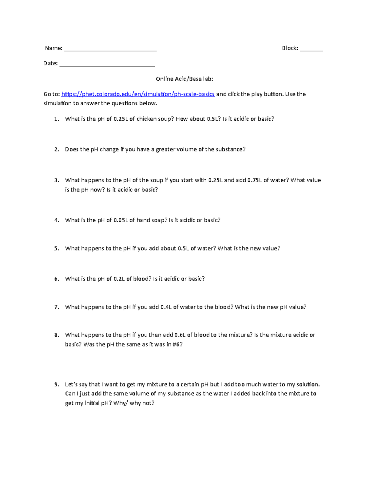 Exploring p H of common substances PHet lab 1 - Name ...