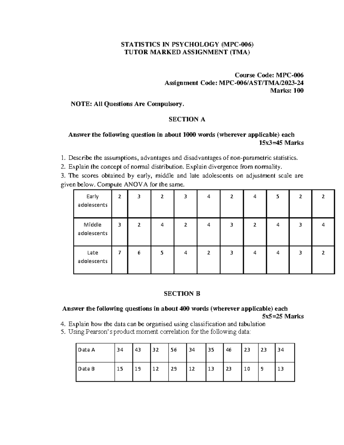 MPC-06 EM HW Scanned 2023-24 - STATISTICS IN PSYCHOLOGY (MPC-006) TUTOR MARKED ASSIGNMENT (TMA ...
