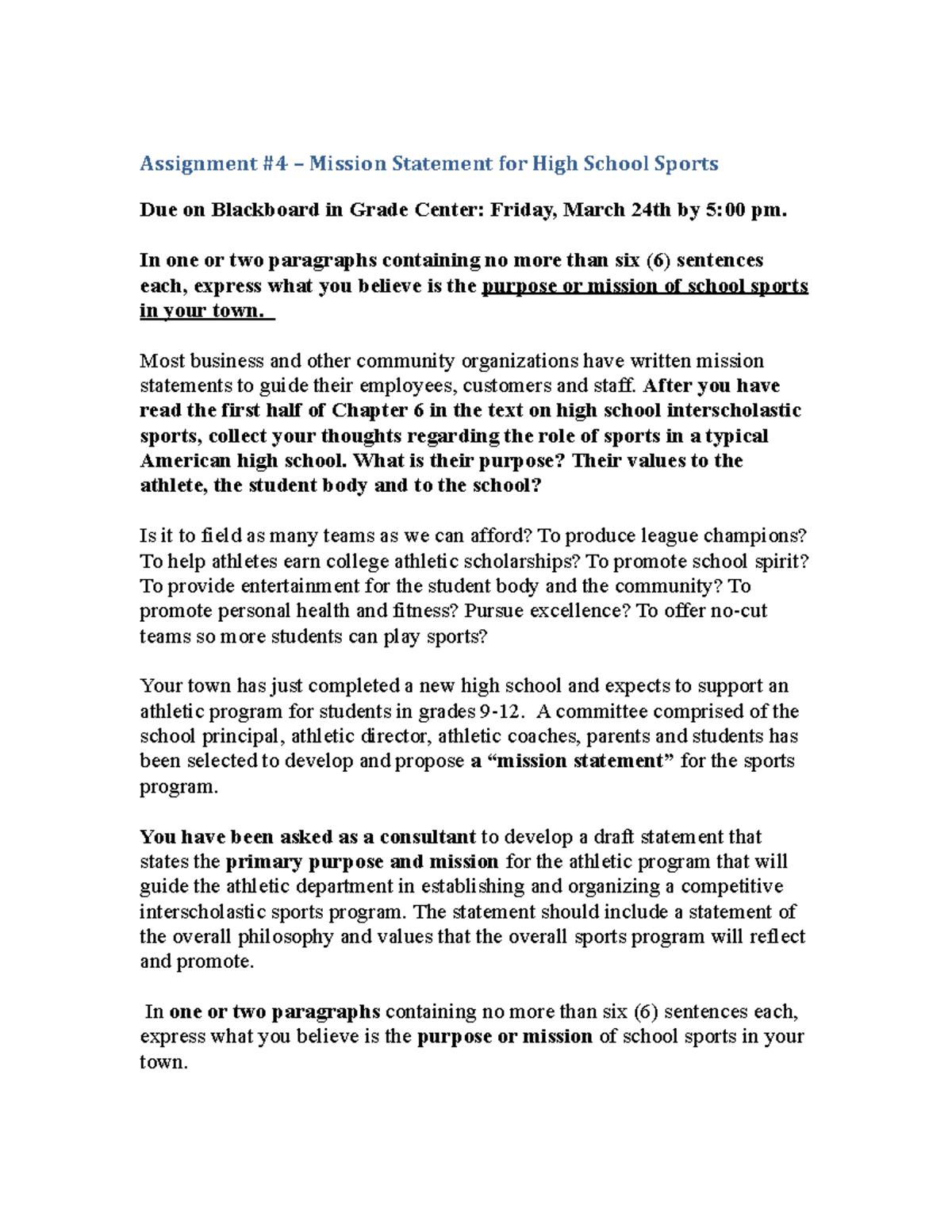 Assignment #4 - Mission Statement for H.S. Sports - Assignment #4 ...
