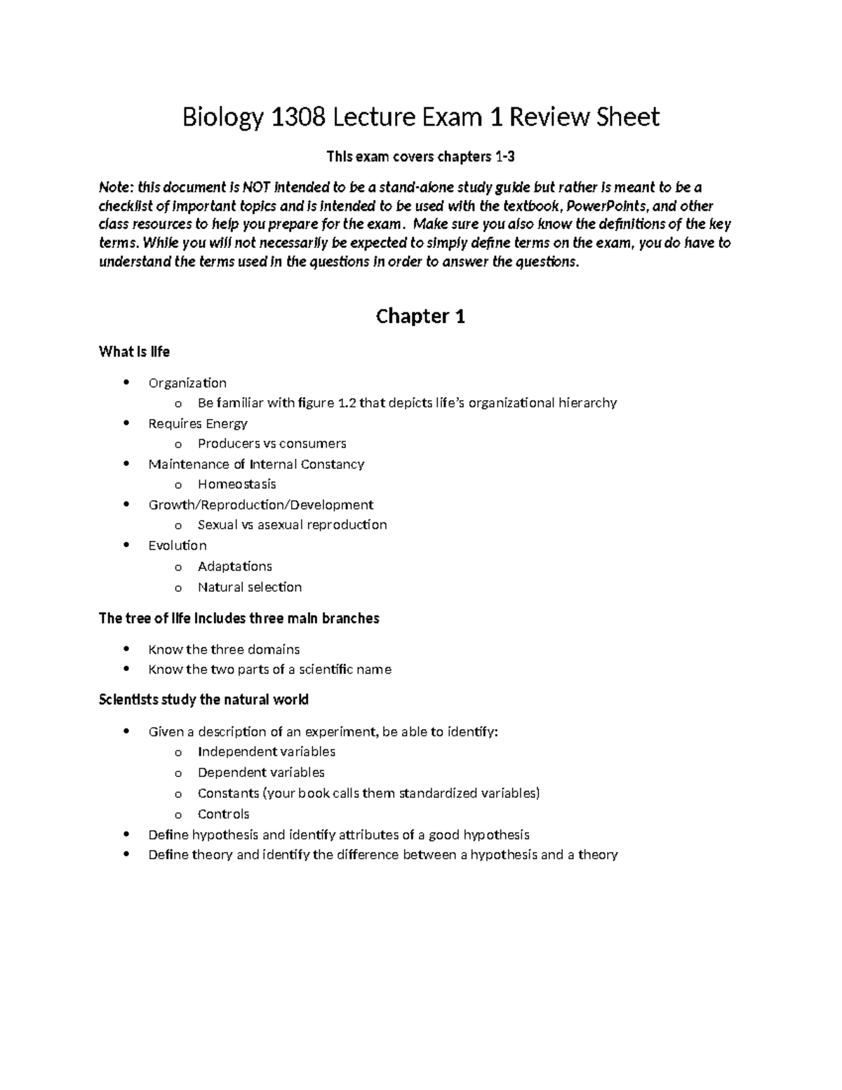 1308 Lecture Exam 1 Review Sheet - Biology 1308 Lecture Exam 1 Review ...