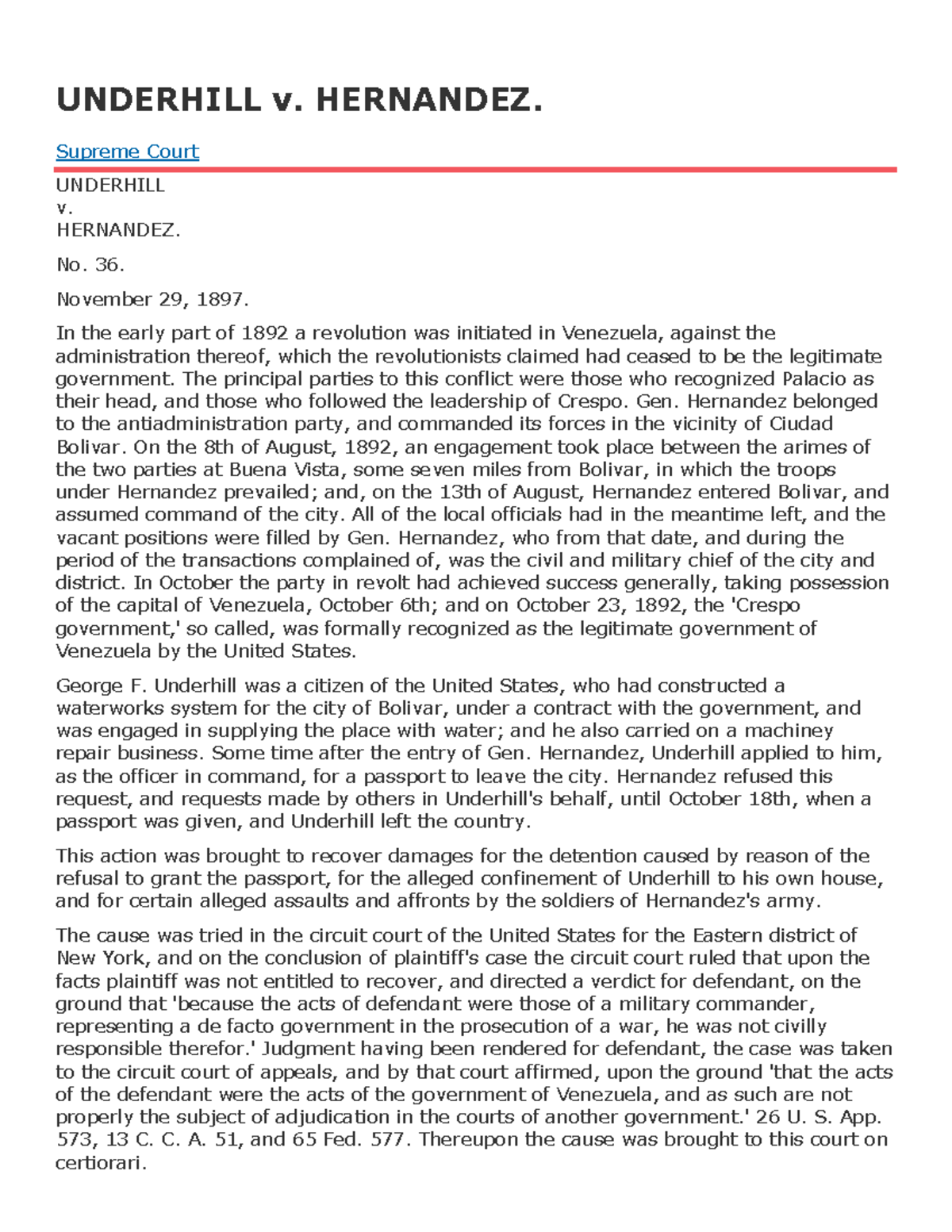 Underhill vs Hernandez 1897 - UNDERHILL v. HERNANDEZ. Supreme Court ...