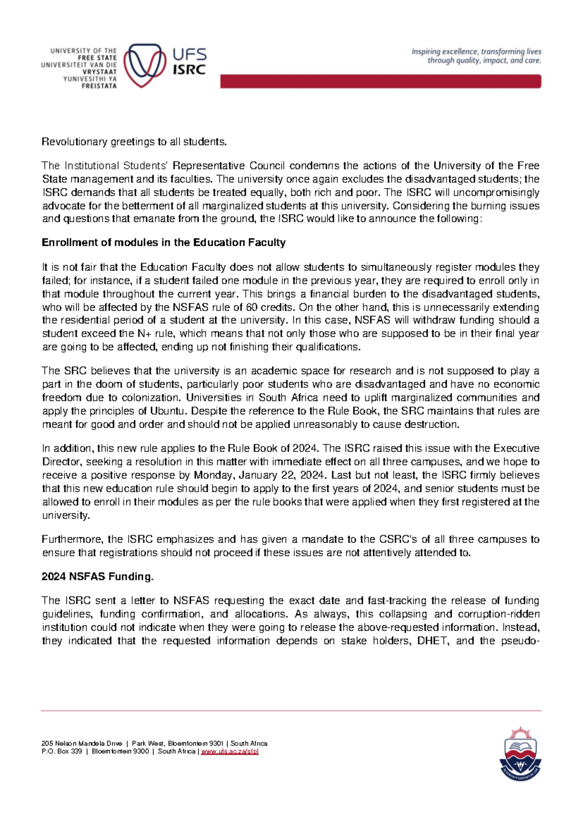 ISRC Statement 210124 - Updates - Revolutionary greetings to all ...