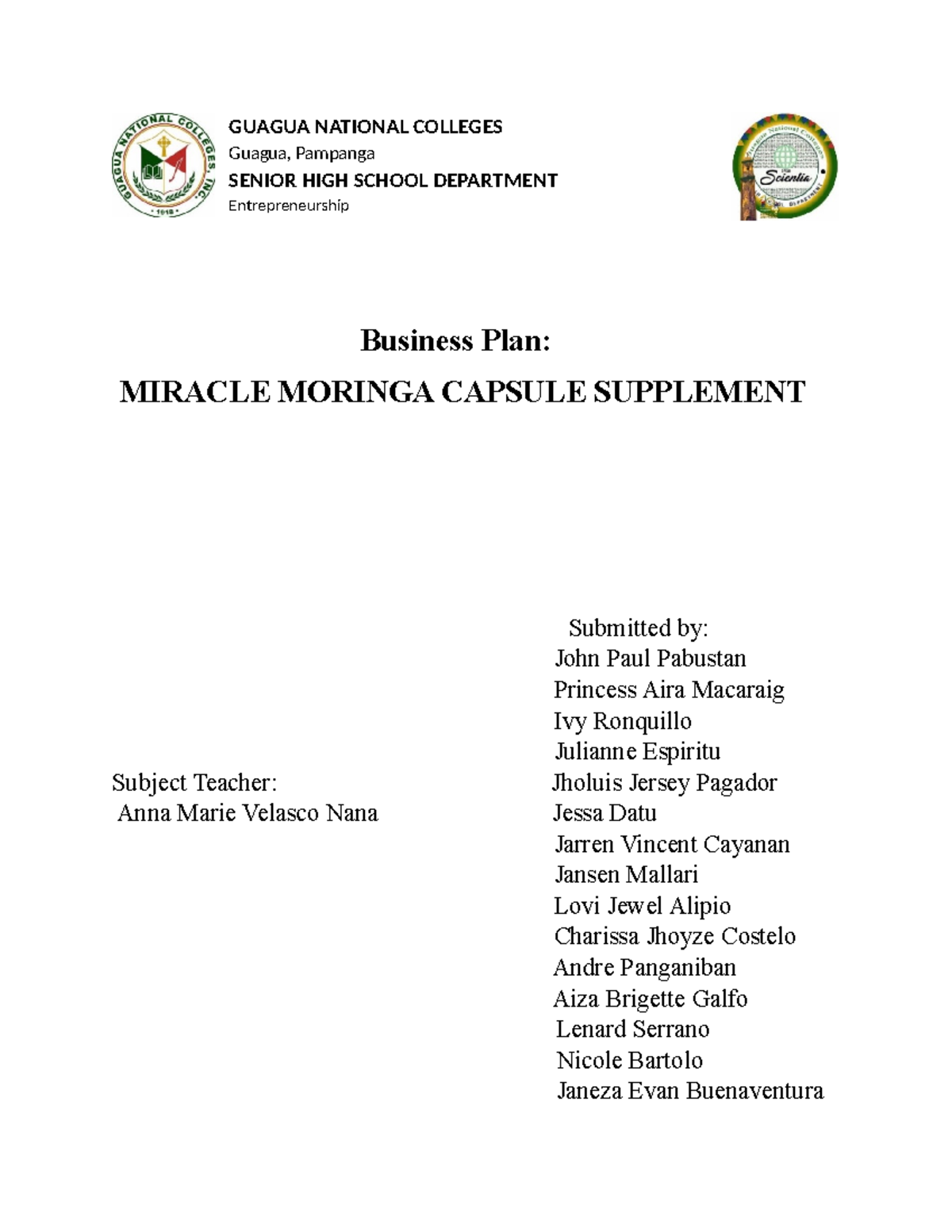 Business PLAN OF Miracle Moringa Capsule Supplement - GUAGUA NATIONAL ...