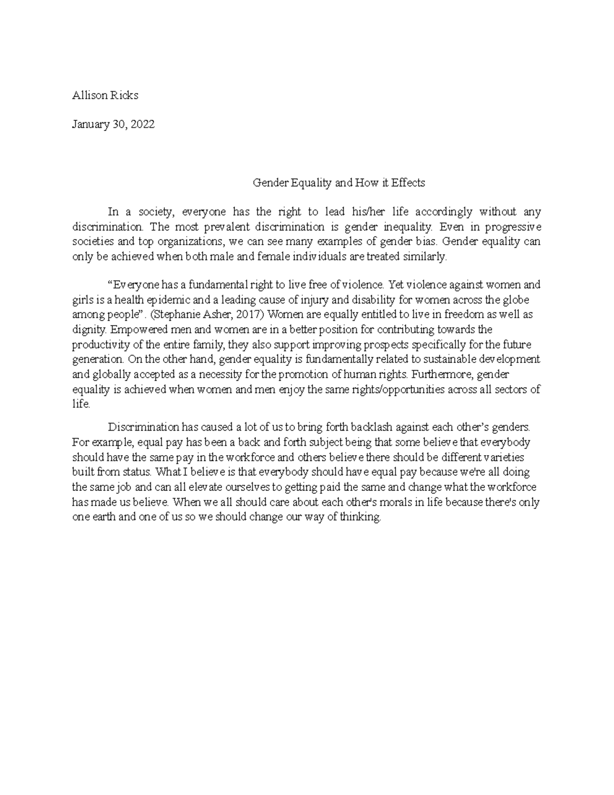 Gender Equality - it's essay - Allison Ricks January 30, 2022 Gender ...