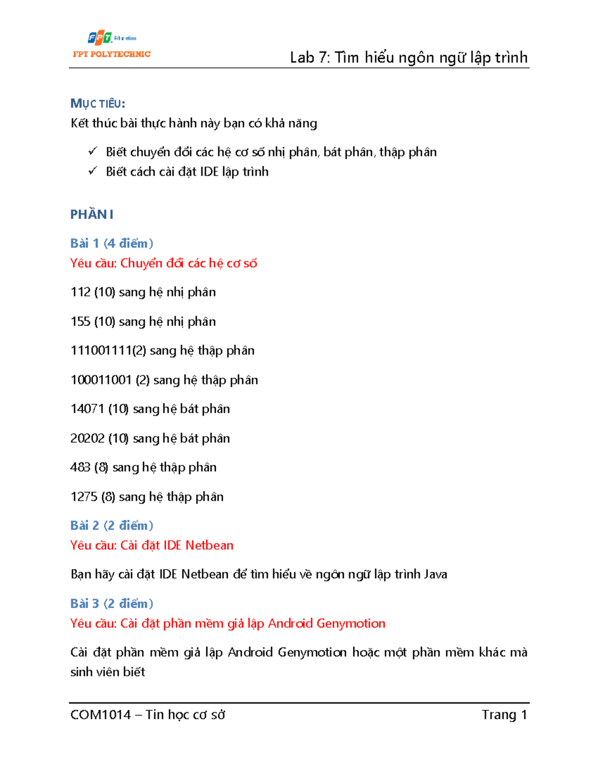 COM1014 - Lab 07 - COM107 - Lab 7: Tìm hiểu ngôn ngữ lập trình COM1014 – Tin học cơ sở Trang 1 ...