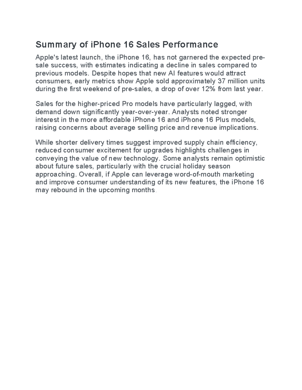 Summary of i Phone 16 Sales Performance - Summary of iPhone 16 Sales ...