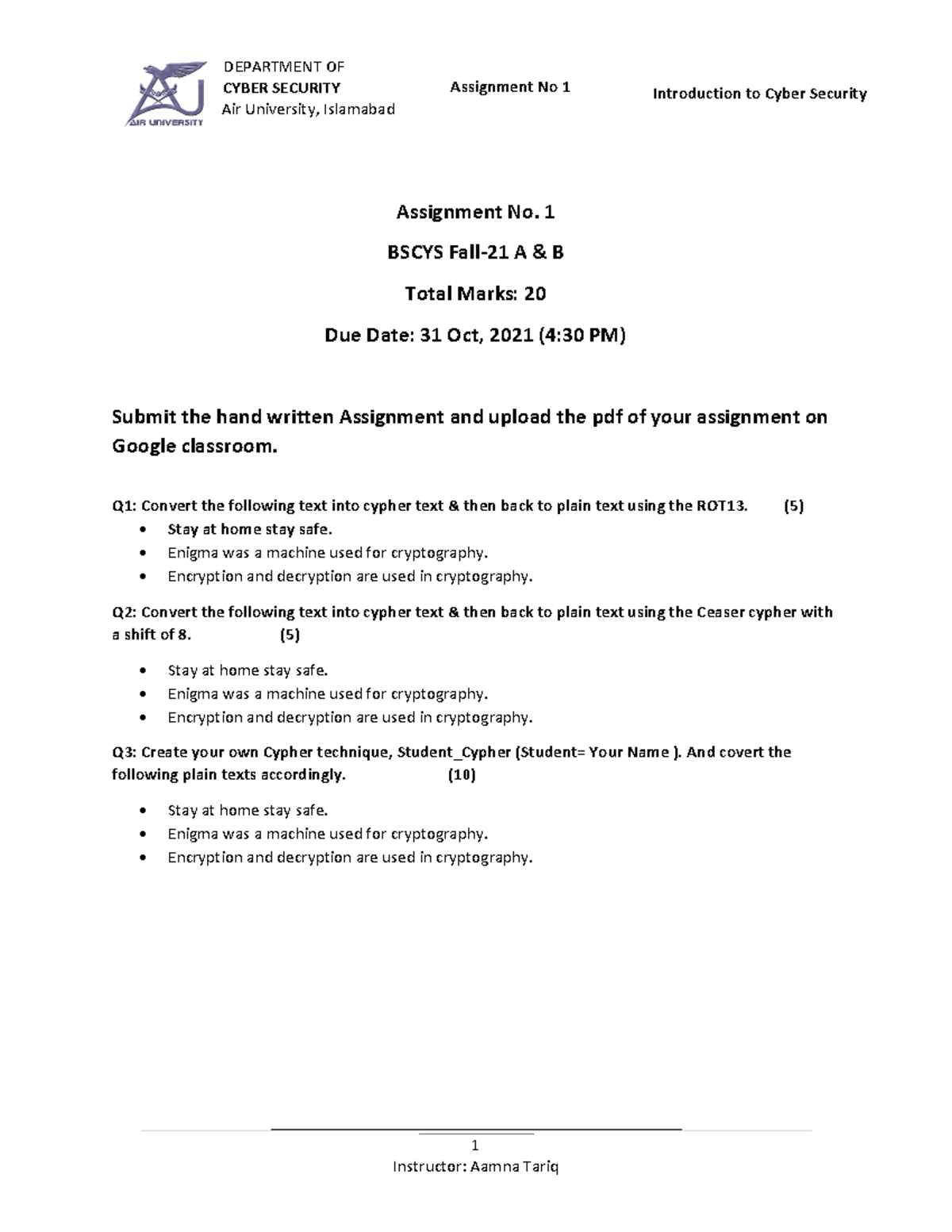 Assignment No 1 - important - DEPARTMENT OF CYBER SECURITY Air ...