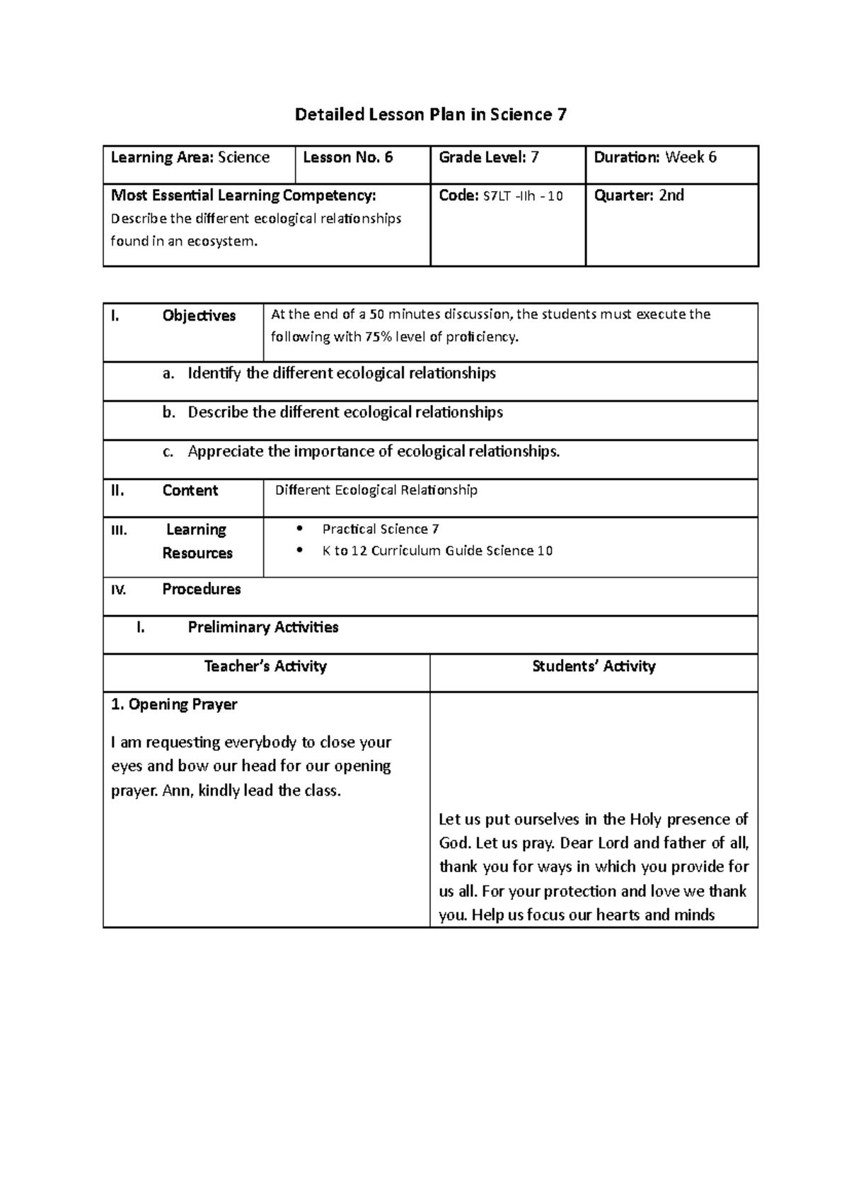 Different Ecological Relationship - Detailed Lesson Plan in Science 7 ...
