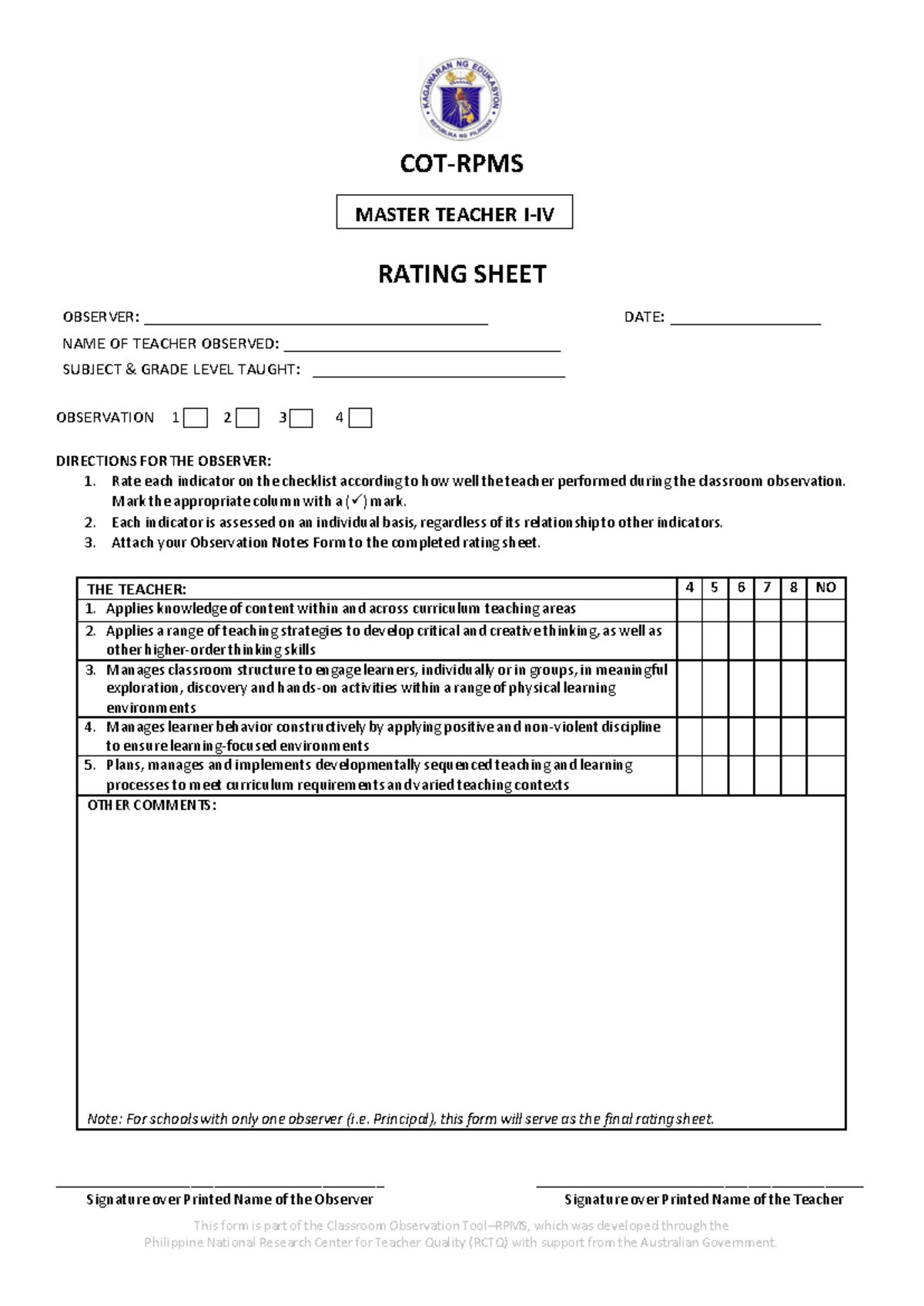 Rating Sheet Master Teacher I-IV 051018 - This form is part of the ...