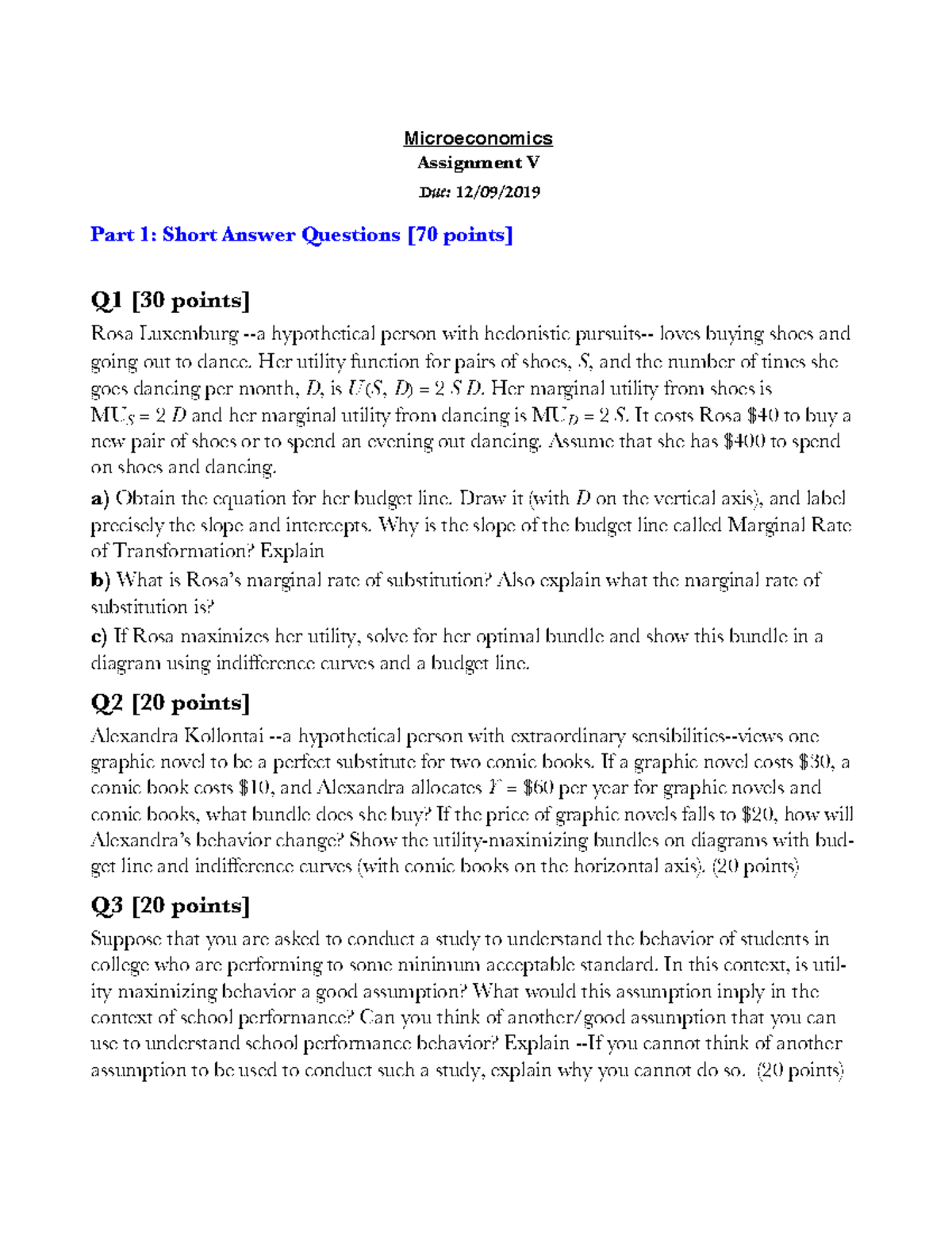 A5 - anony - Microeconomics Assignment V Due: December 4, 2019 Part 1 ...