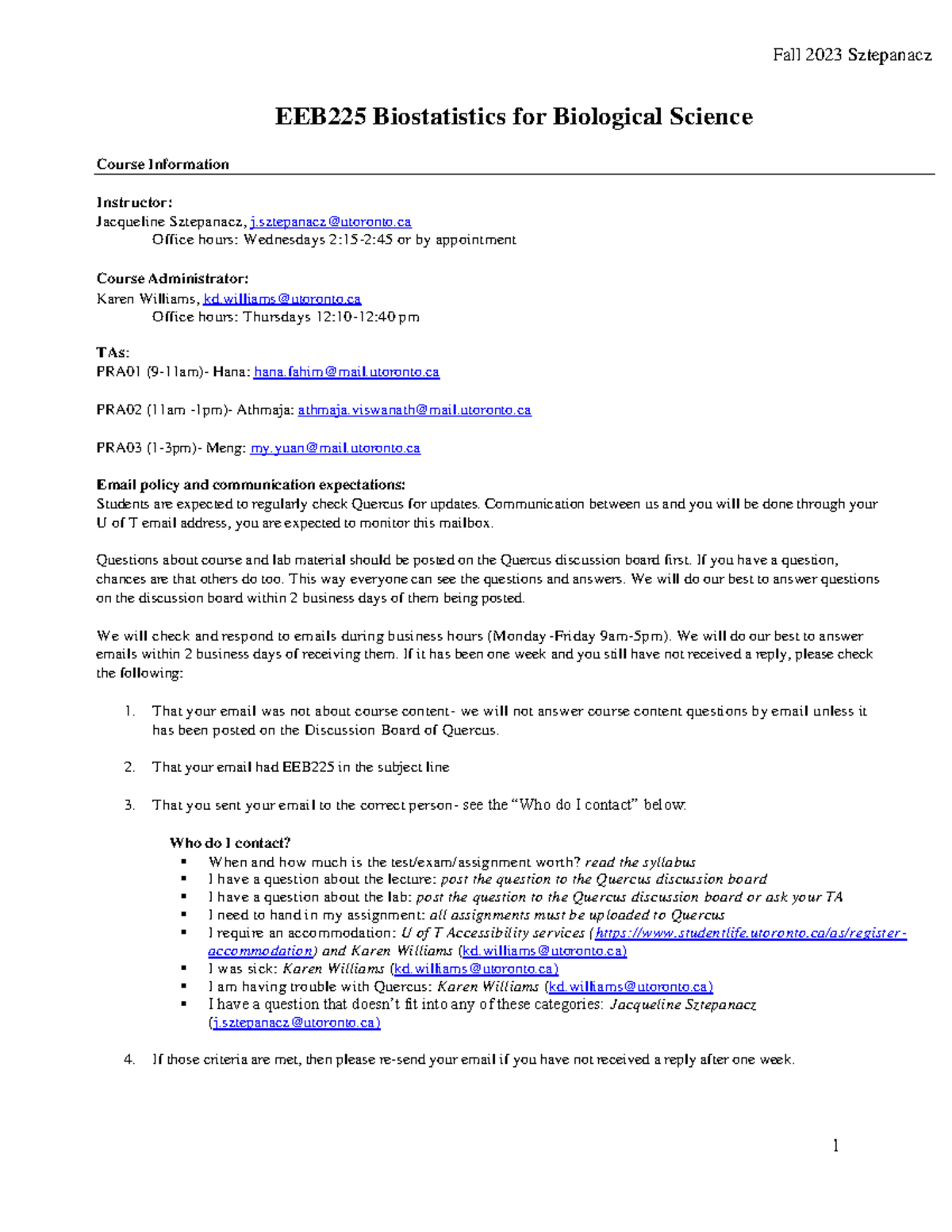 EEB225 Syllabus - EEB225 Biostatistics for Biological Science Course Information Instructor ...