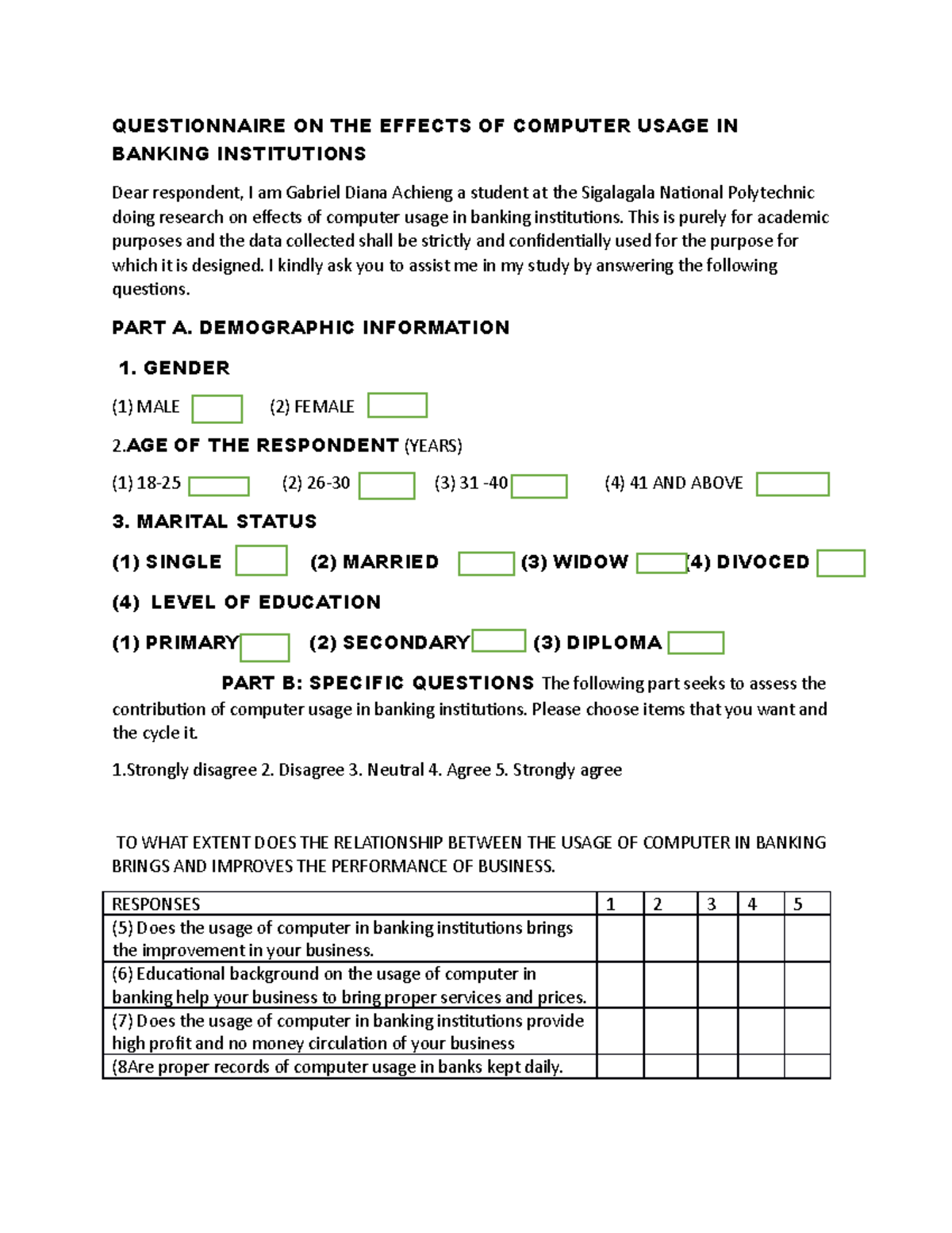 Questionnaire ON THE Effects OF Computer Usage IN Banking Institutions ...