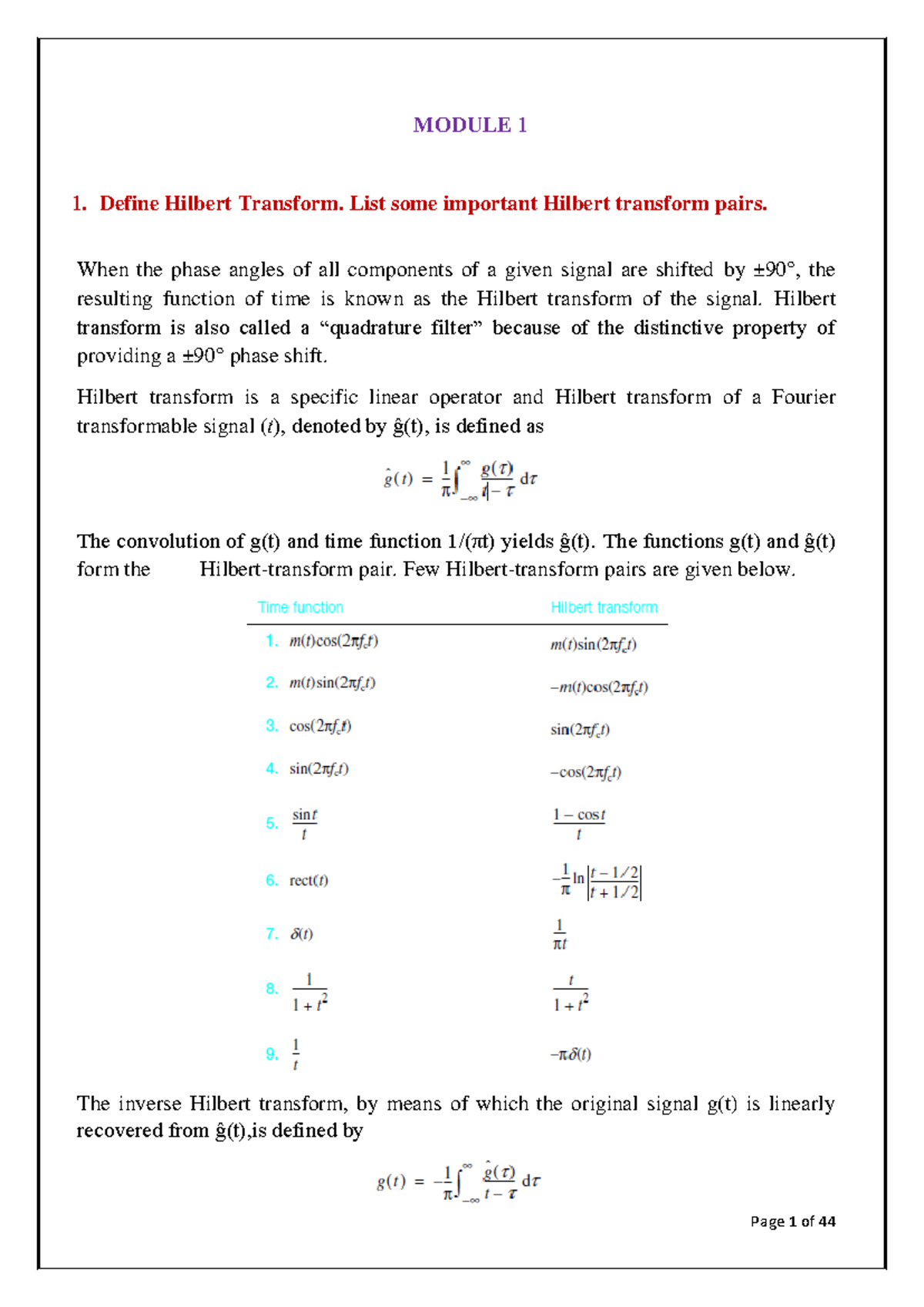 DC module 1 - notes - MODULE 1 Define Hilbert Transform. List some ...