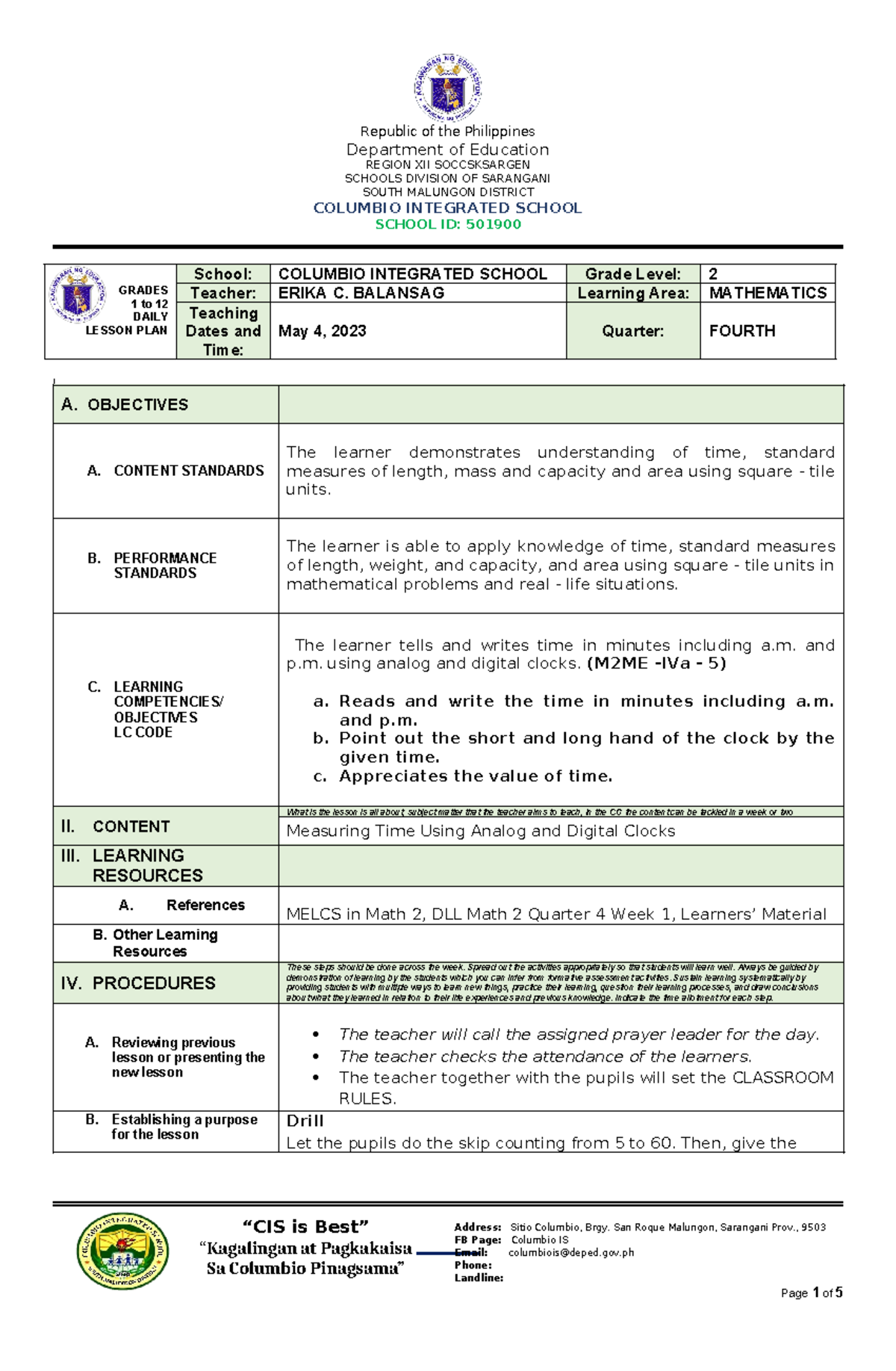 CO-Math 2-4th Quarter - Grade 2 Lesson Plan - Address: Sitio Columbio ...