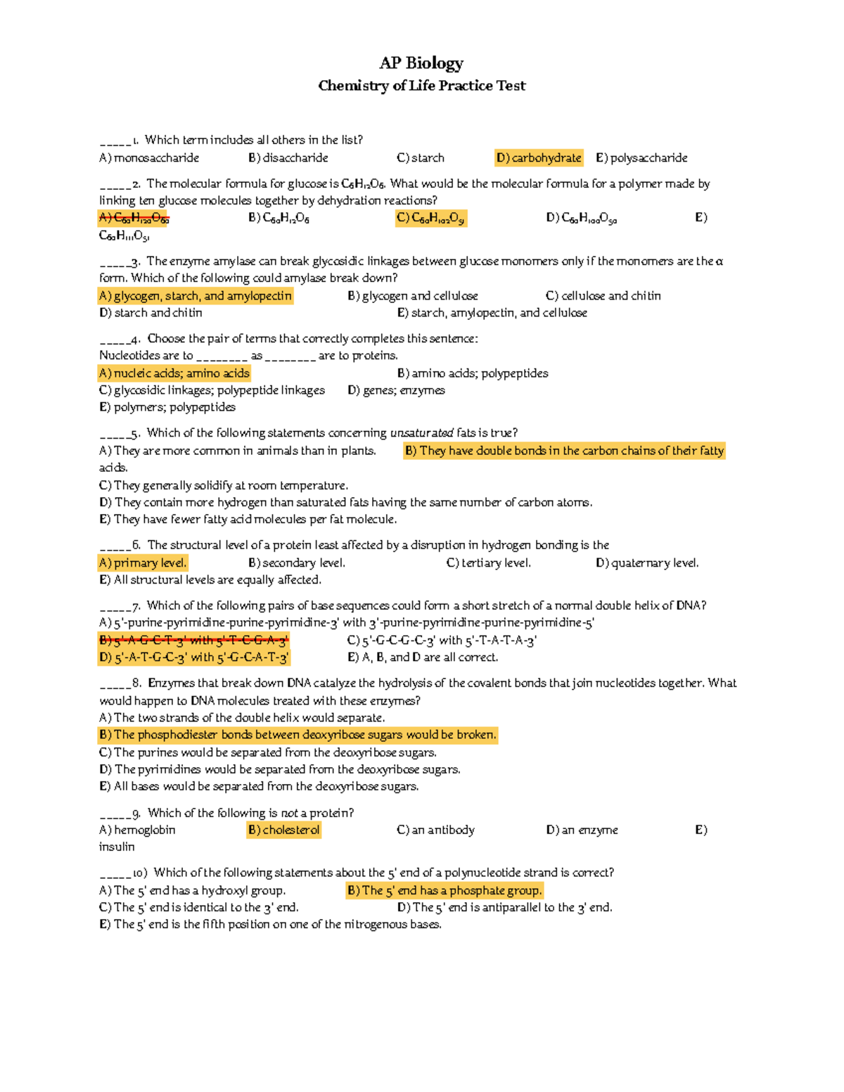 Chemistry of Life Practice Test - AP Biology Chemistry of Life Practice ...