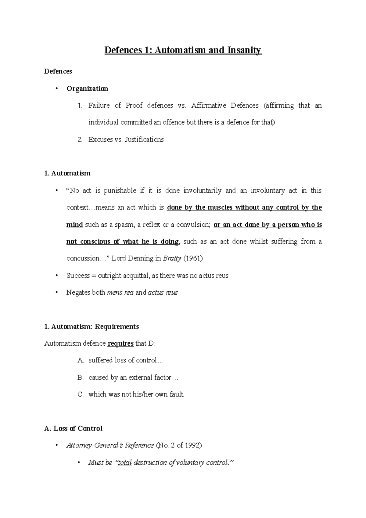 Notes automatism and insanity - Defences 1: Automatism and Insanity ...