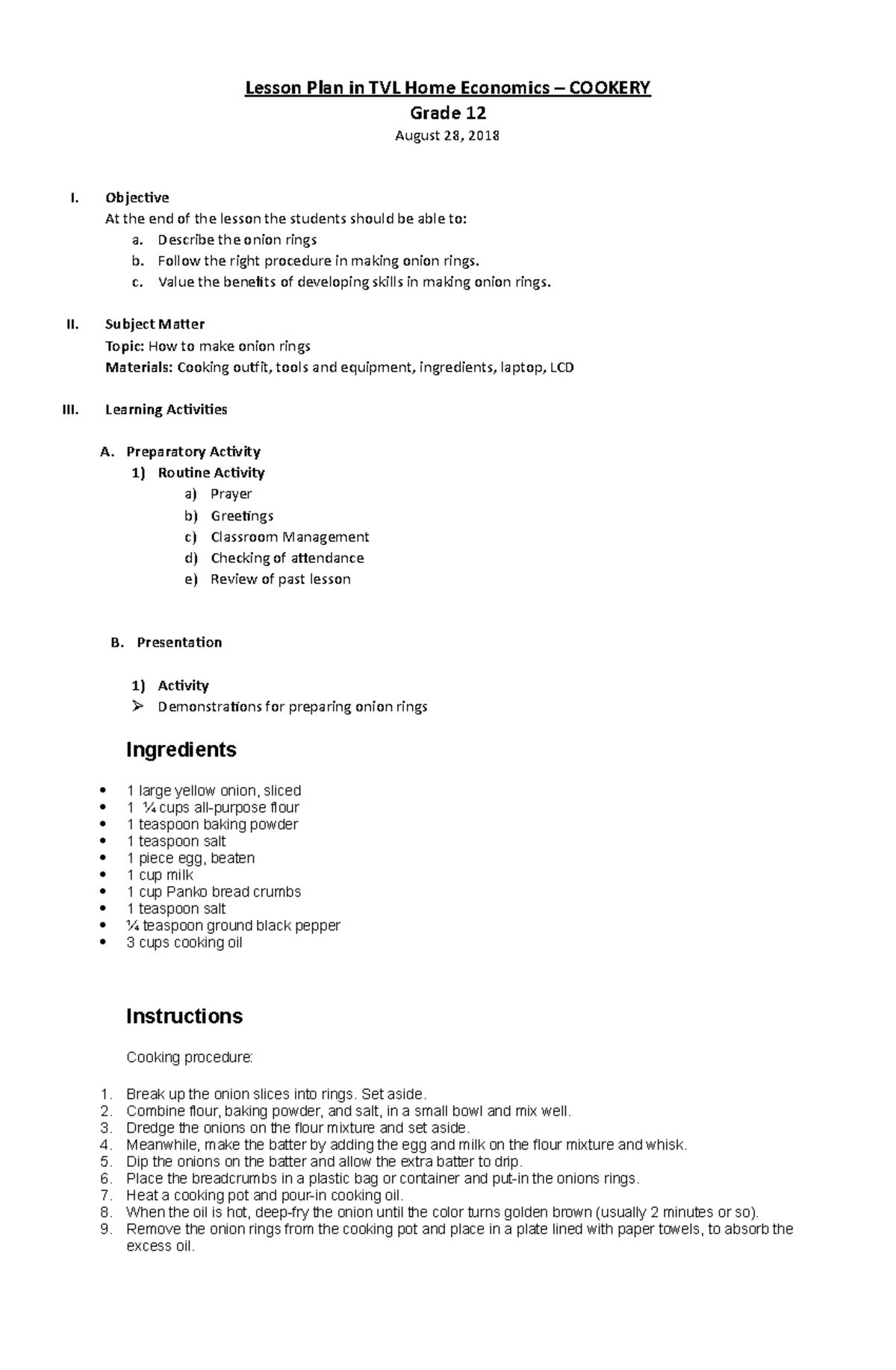 August 28 - DLP - Lesson Plan in TVL Home Economics – COOKERY Grade 12 ...