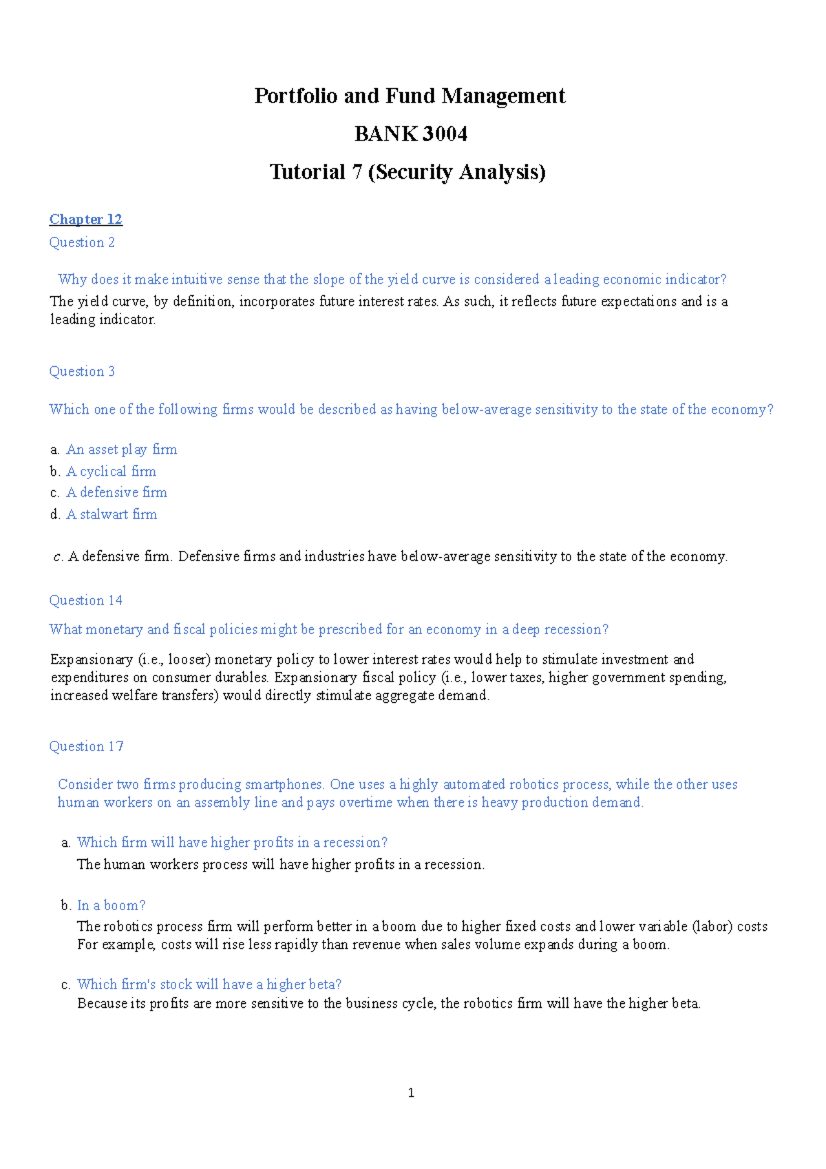 Week 7 Tutorial Questions and Answers - Portfolio and Fund Management ...