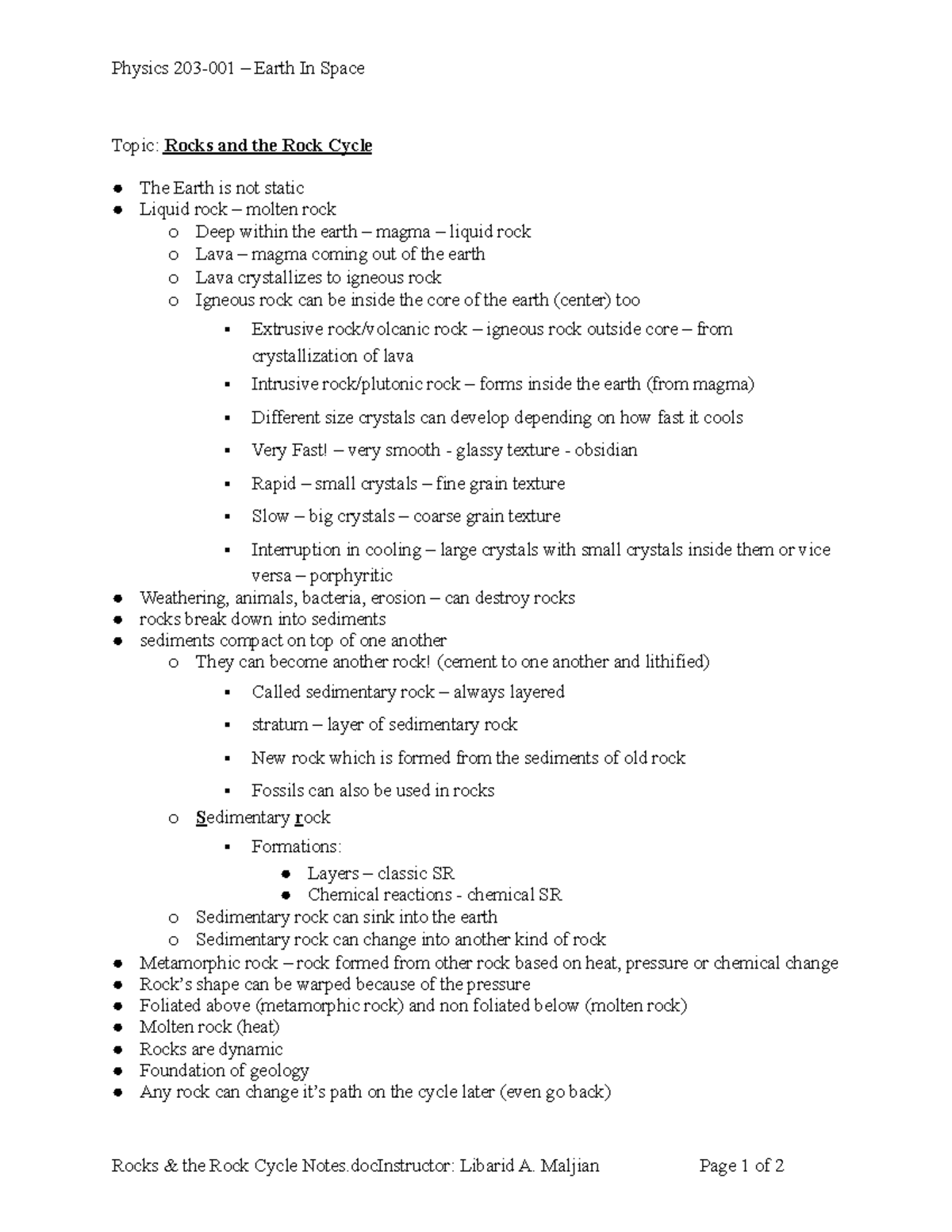 earth in space lecture notes 1 - Physics 203-001 – Earth In Space Topic ...