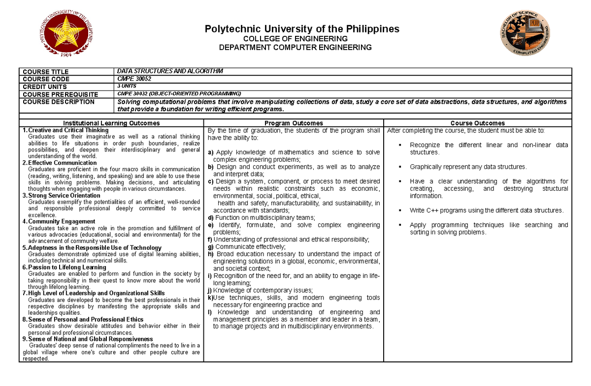 438208669 Cmpe 30052 Data Structures And Algorithm Pup Obe Syllabus For Revised Curriculum 2018