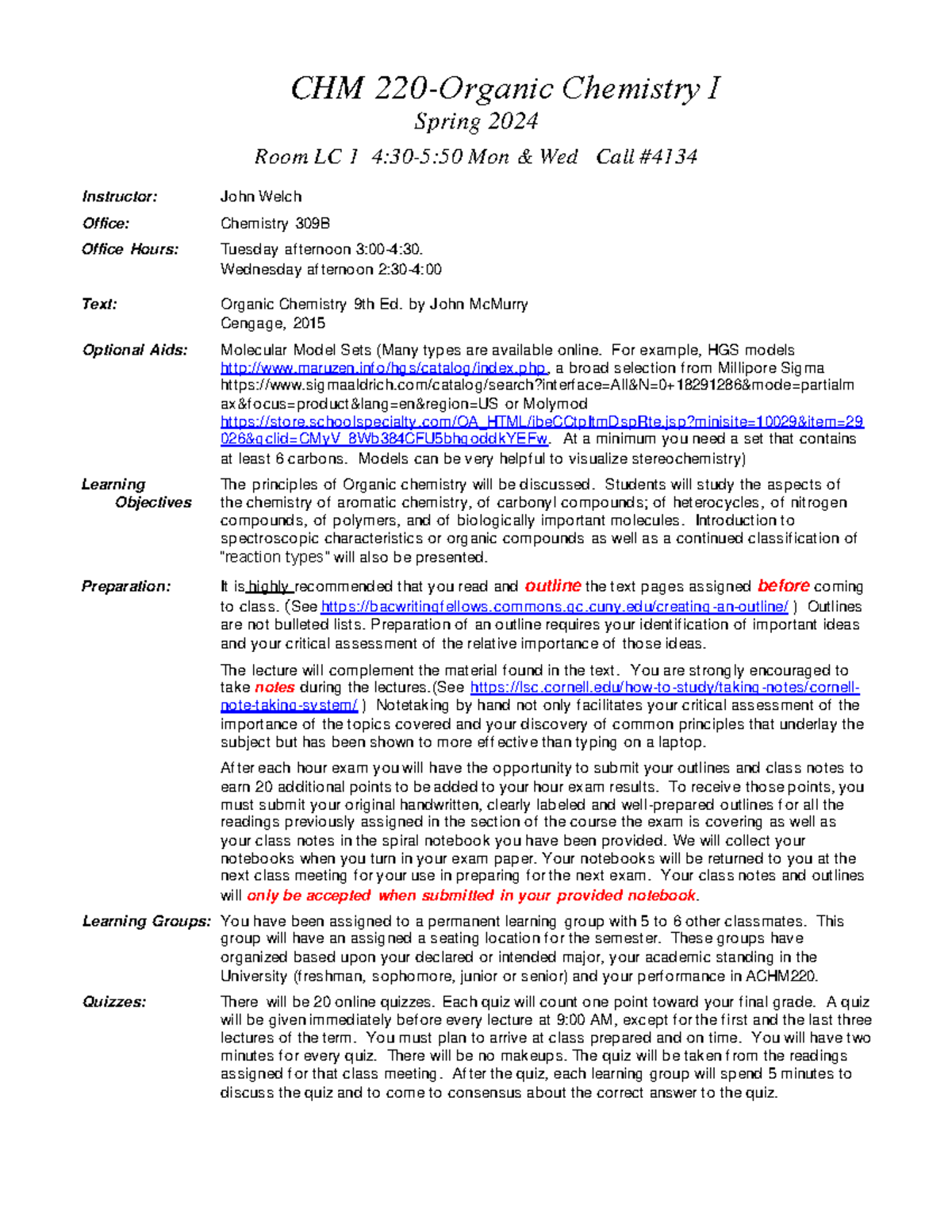 ACHM220 Spring 2024 Syllabus - CHM 220 - Organic Chemistry I Spring ...