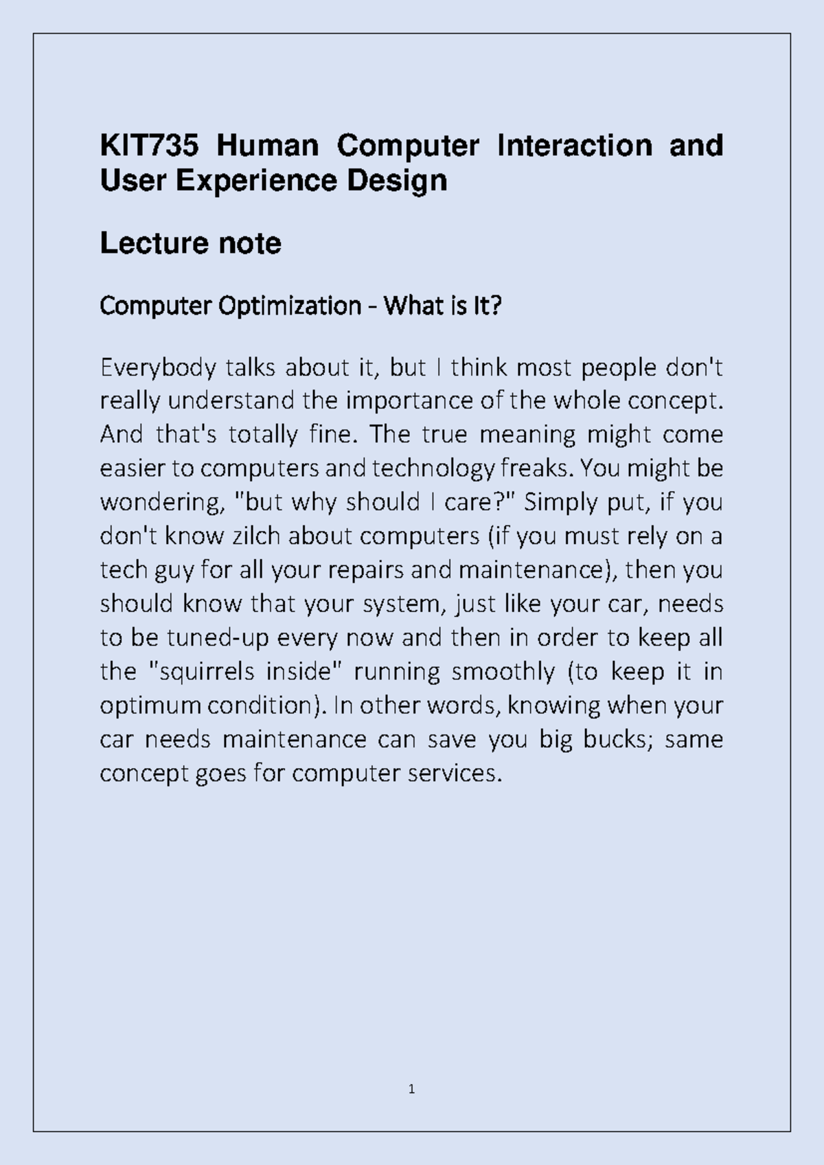 KIT735 Human Computer Interaction and User Experience Design lecture note Computer Optimization ...