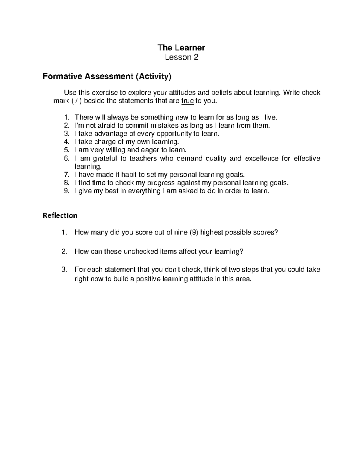 Chapter 1. L2. The Learner Formative Assessment - The Learner Lesson 2 ...