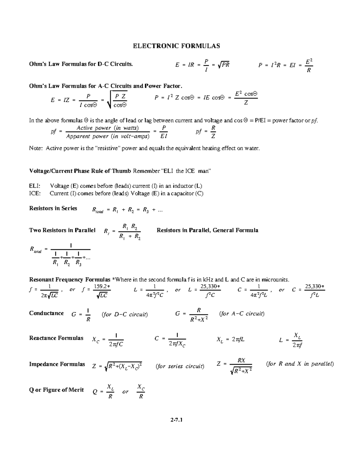 Elecform - ELECTRONIC FORMULAS Law Formulas for Circuits. P PR I E IR P ...