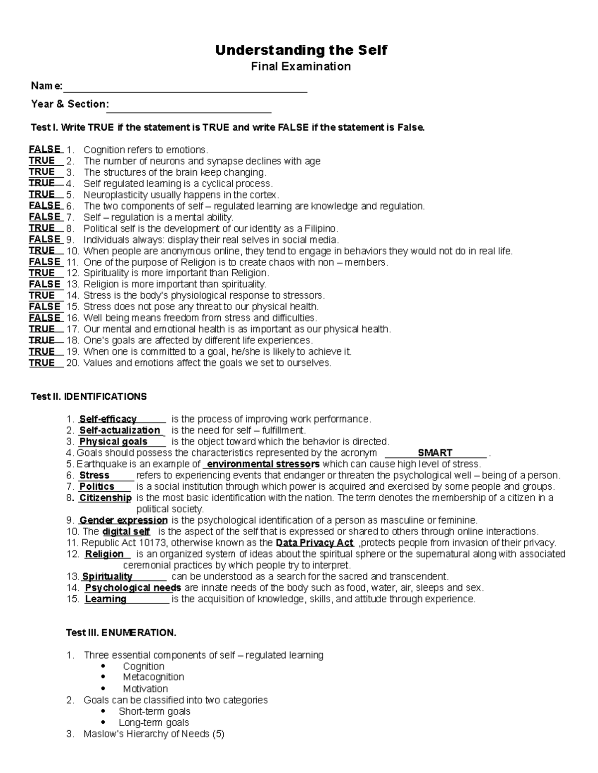 Final-Examination - EXAM - Understanding the Self Final Examination ...