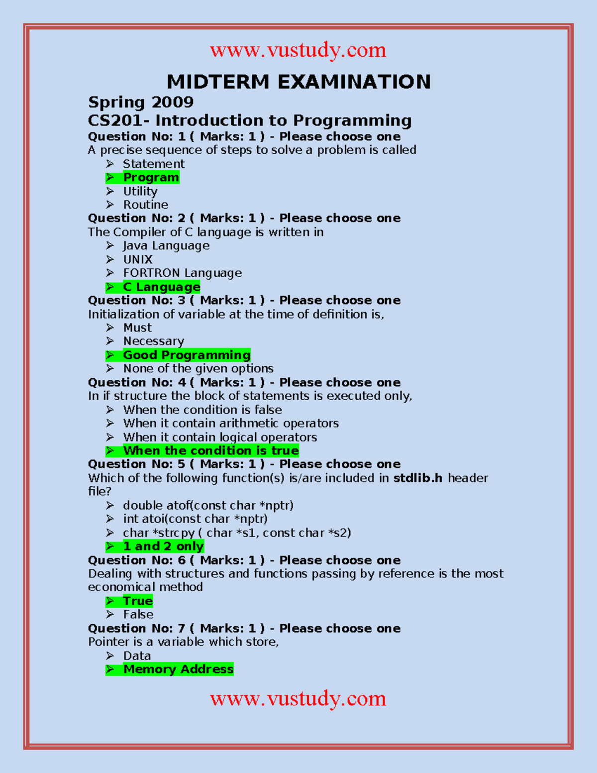 24 - fhfgh - MIDTERM EXAMINATION Spring 2009 CS201- Introduction to ...