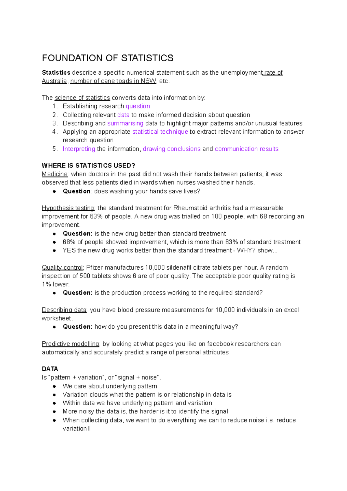 STAT1070 Lecture Notes FULL - FOUNDATION OF STATISTICS Statistics ...