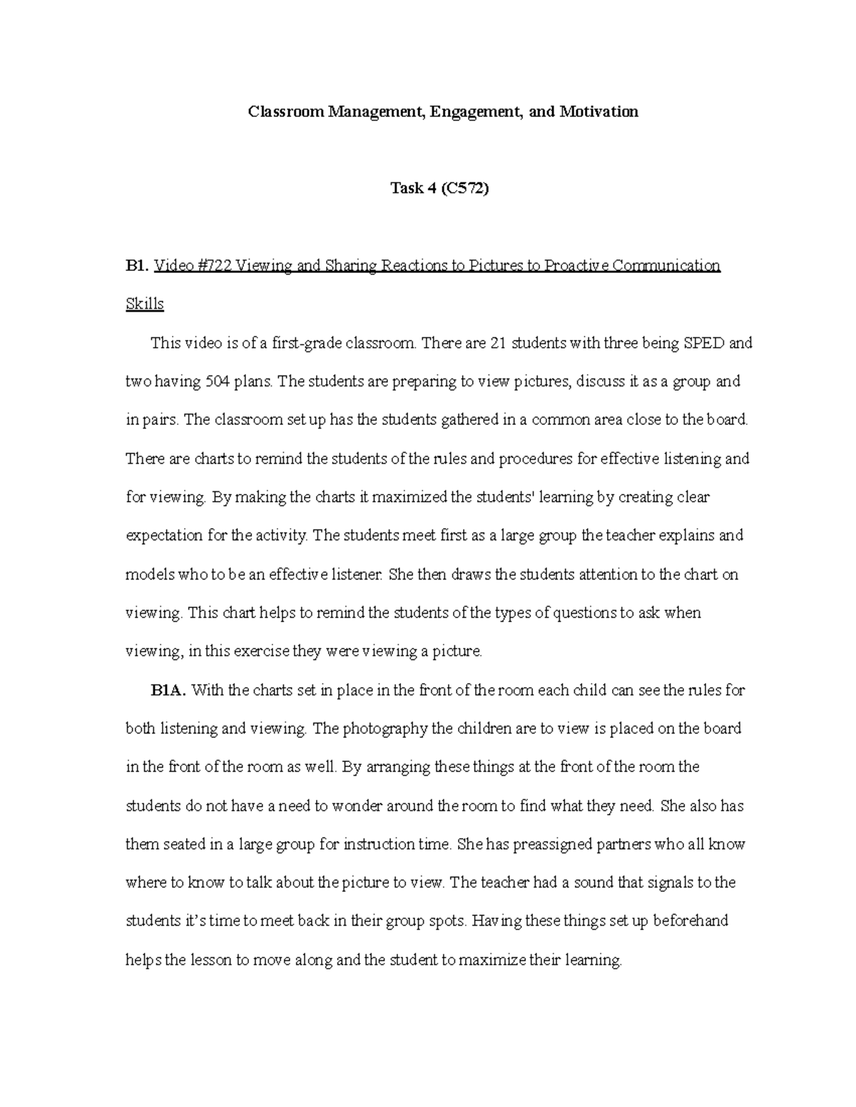 C572 Classroom Management Task 4 - Classroom Management, Engagement ...