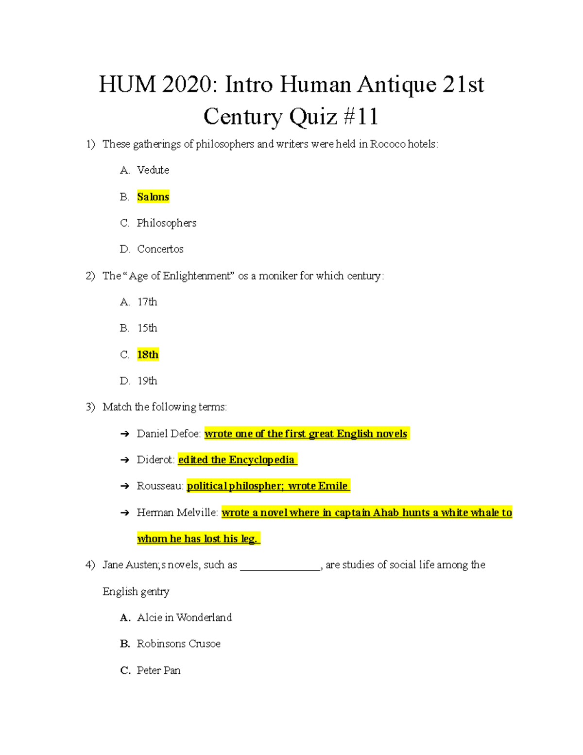 HUM 2020 Intro Human Antique 21st Century Quiz #11 - HUM 2020: Intro Human Antique 21st Century ...
