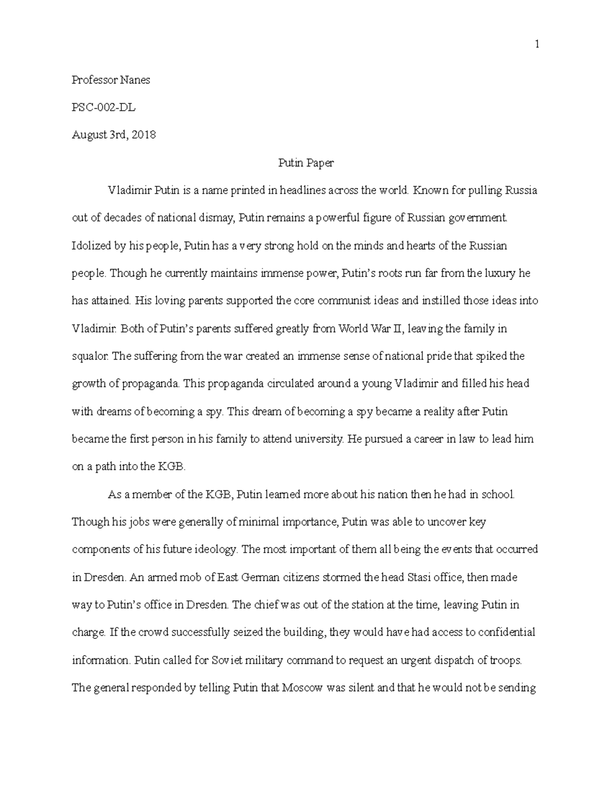 Putin Paper - Grade: a - Professor Nanes PSC-002-DL August 3rd, 2018 ...