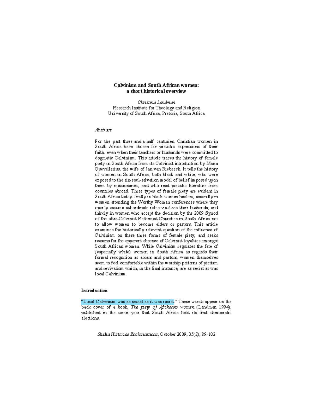 Krotoa - Studia Historiae Ecclesiasticae, October 2009, 35(2), 89 ...