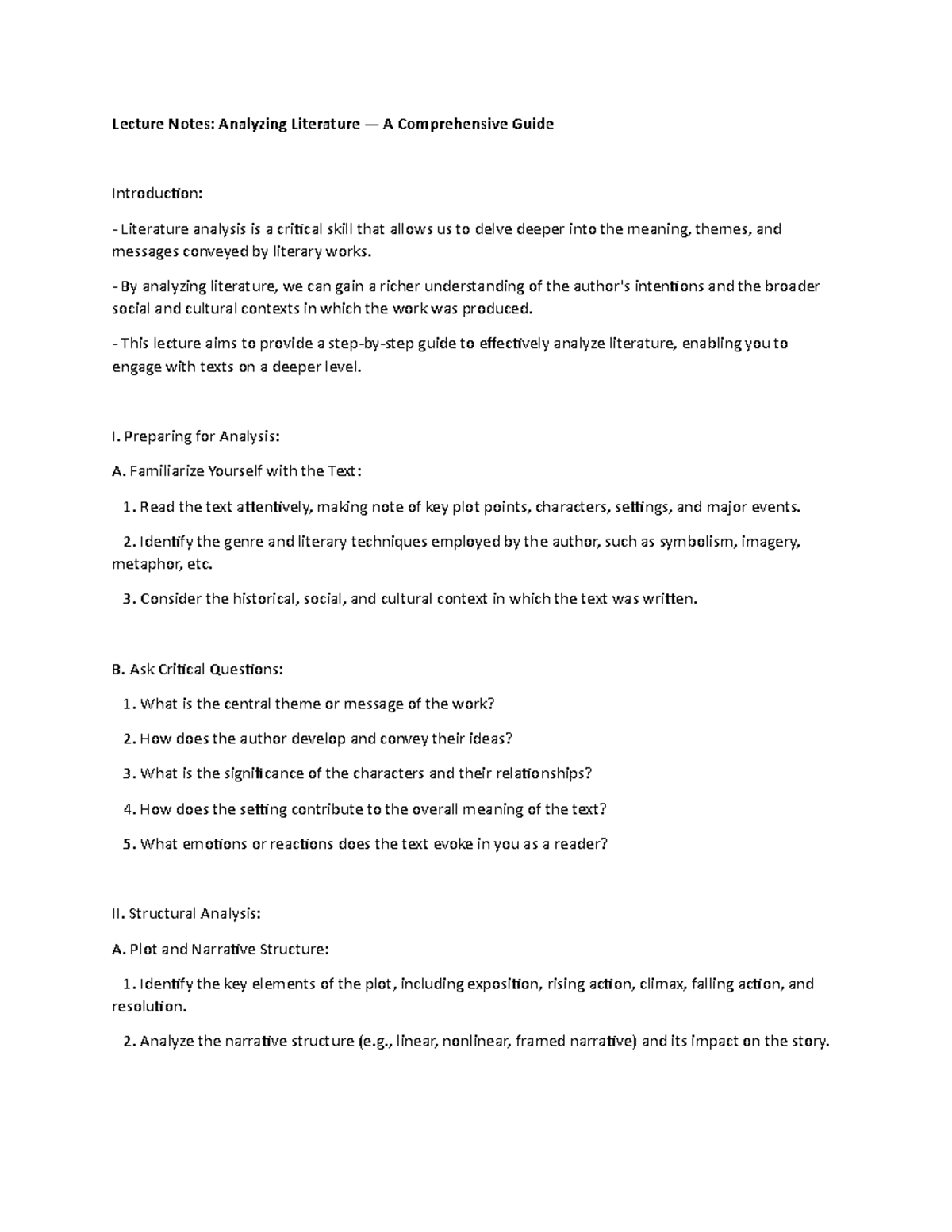 Lecture Notes: Analyzing Literature — A Comprehensive Guide - By ...