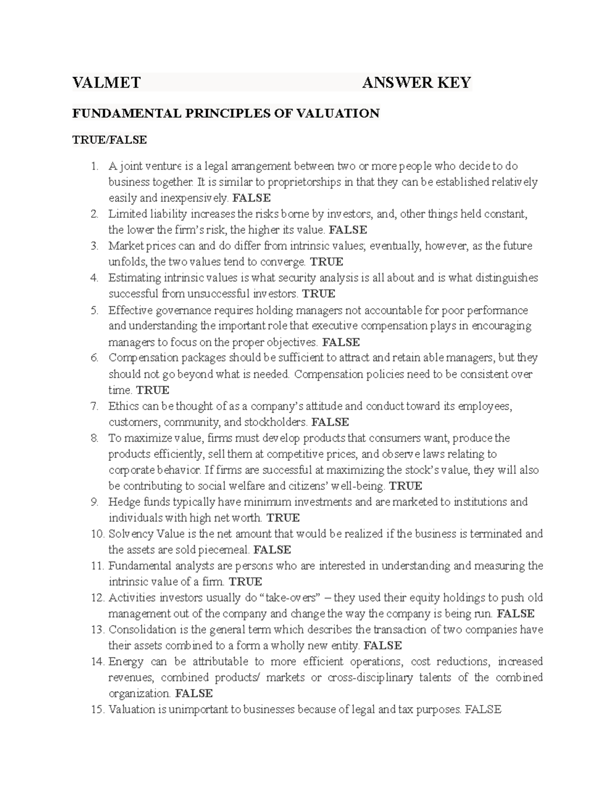 Valmet Answer Key - VALMET ANSWER KEY FUNDAMENTAL PRINCIPLES OF ...