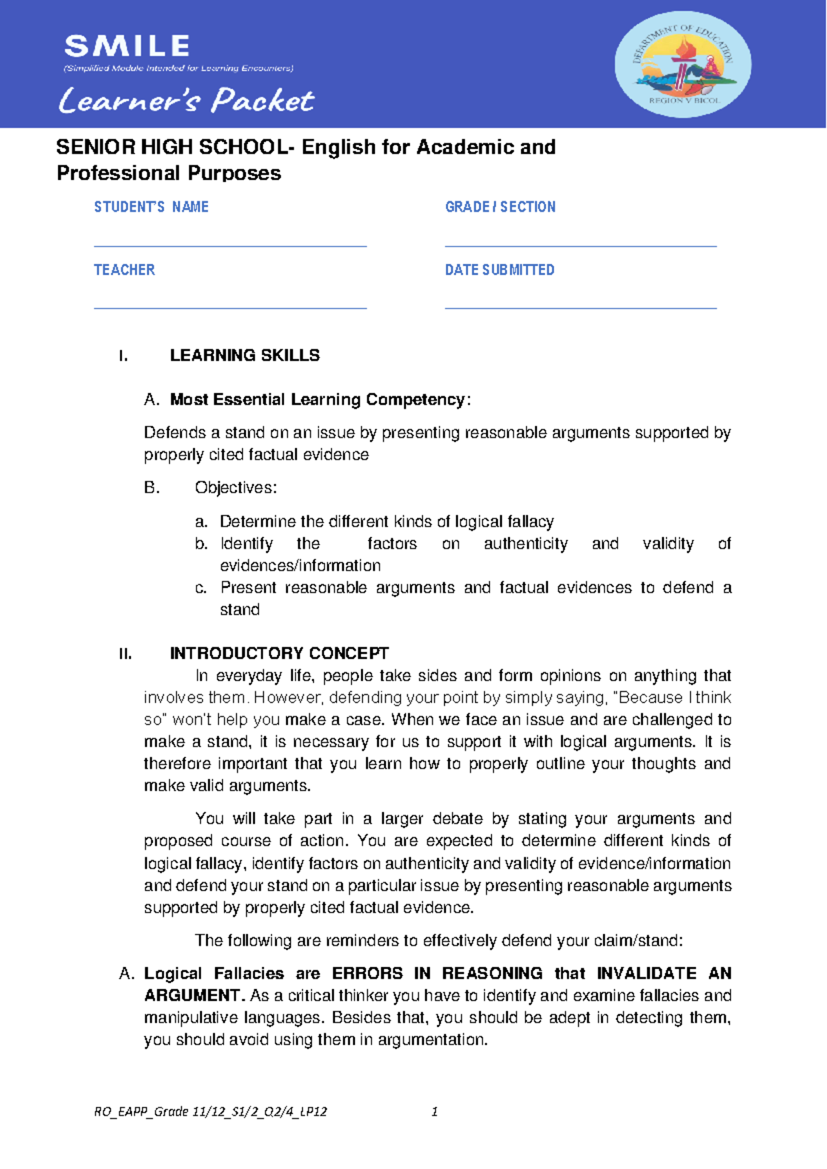 Learning-Activity-Sheet-2-EAPP - STUDENT’S NAME GRADE / SECTION