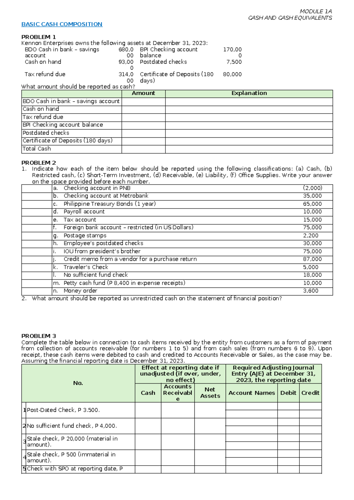 Module 1A - ia1 - CASH AND CASH EQUIVALENTS BASIC CASH COMPOSITION ...
