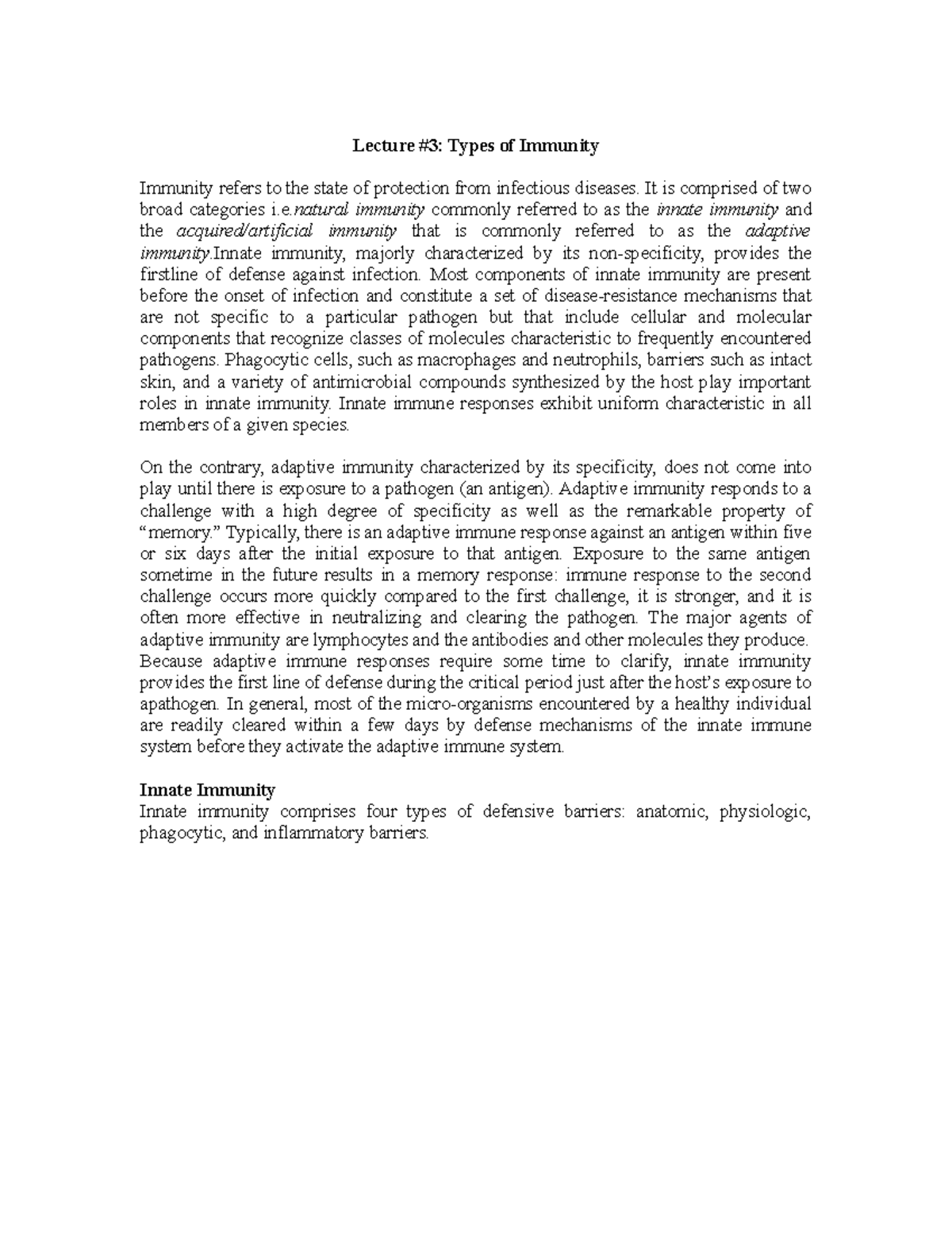 Types of immunity class notes(2) - Lecture #3: Types of Immunity ...