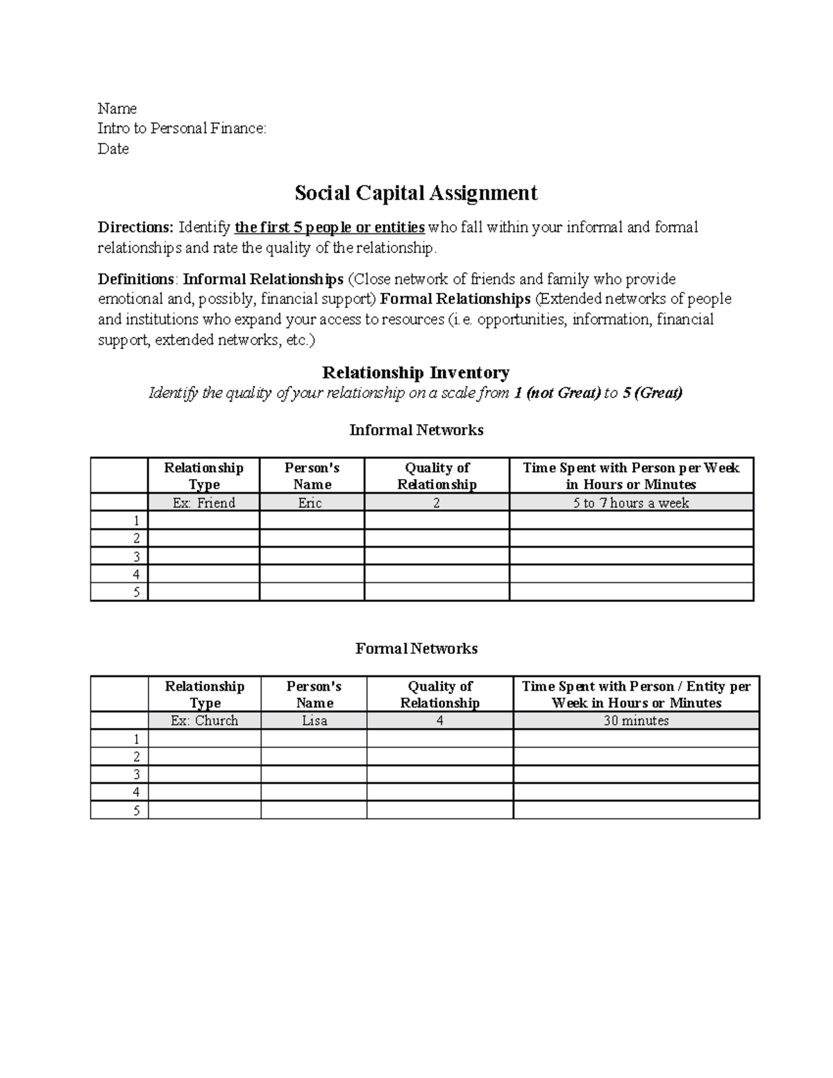 Social Capital Assignment (1) - Name Intro to Personal Finance: Date ...