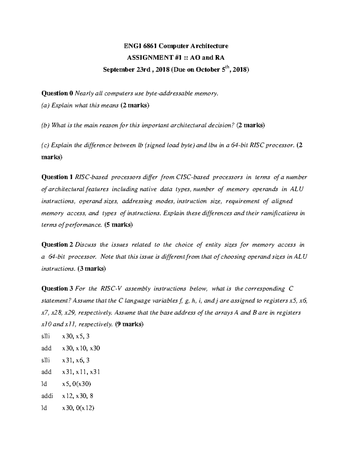 Assignment #1 updated - ENGI 6861 Computer Architecture ASSIGNMENT #1 :: AO and RA September ...