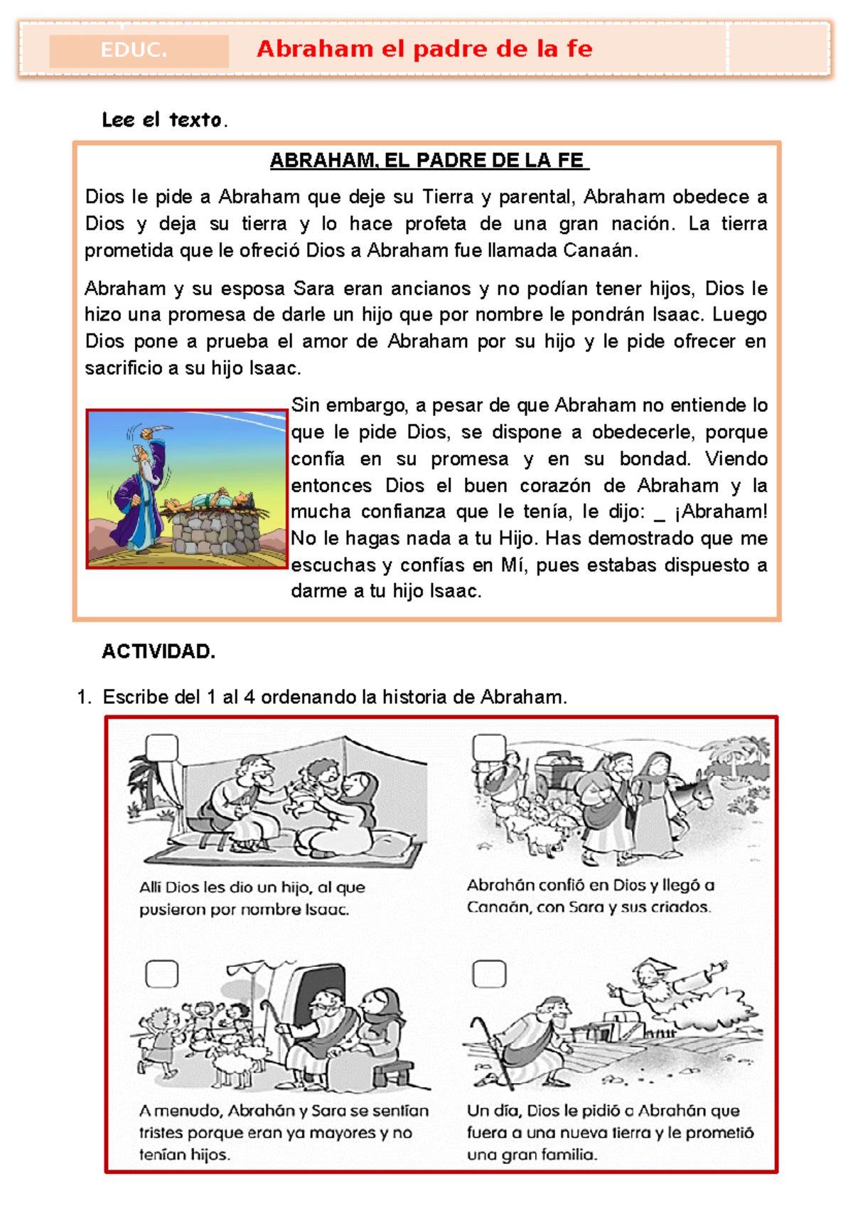 D4 A2 Ficha REL. Abraham el padre de la fe - Lee el texto. ACTIVIDAD. 1 ...