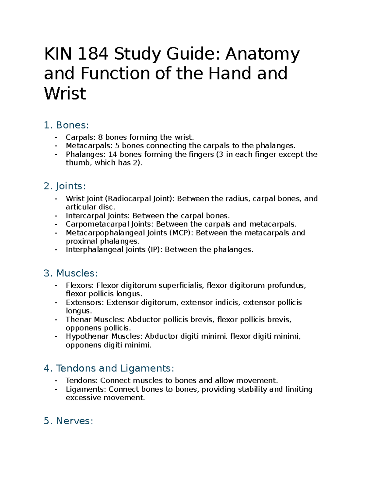 KIN 184 Study Guide Hand & Wrist - KIN 184 Study Guide: Anatomy and ...