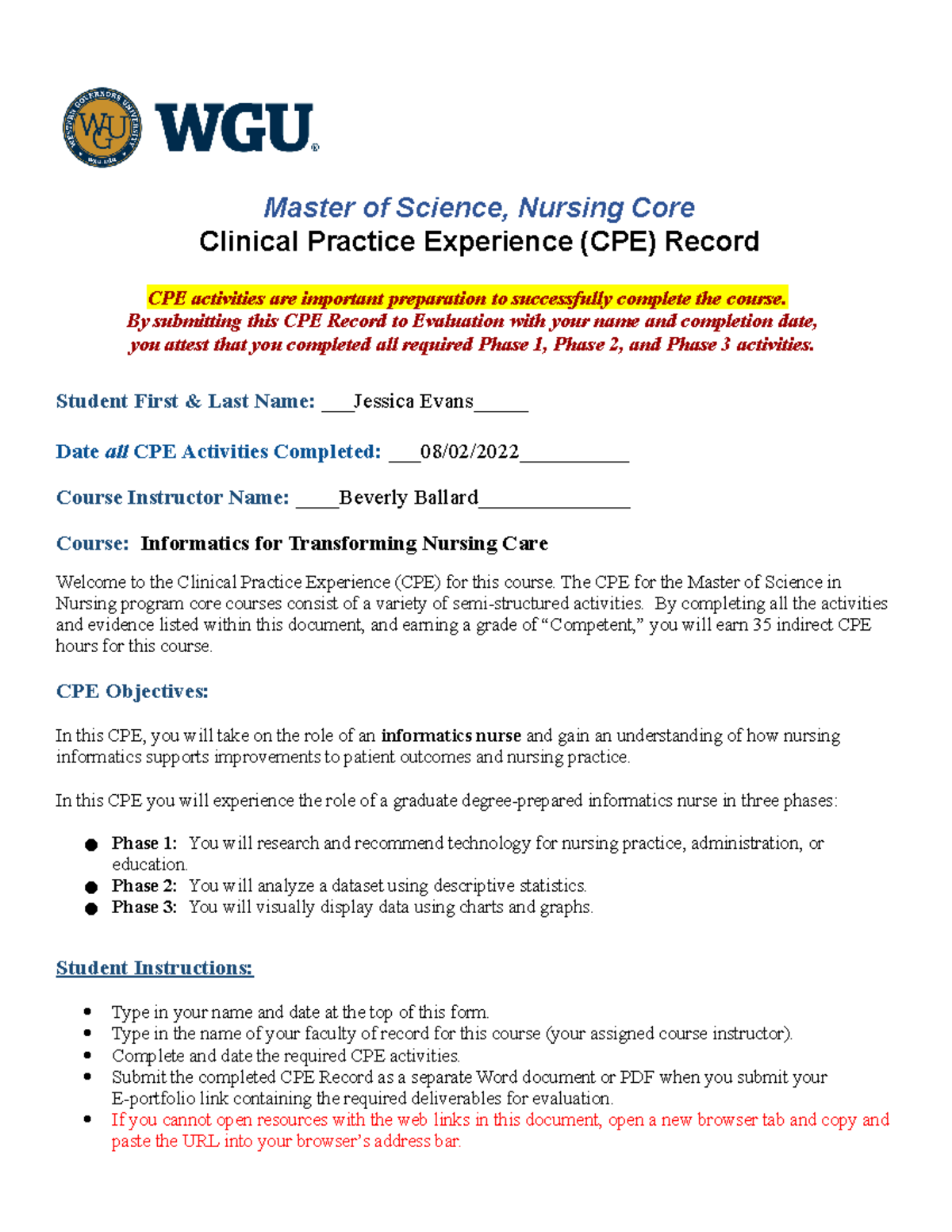 CPE Record D029 - Master of Science, Nursing Core Clinical Practice ...
