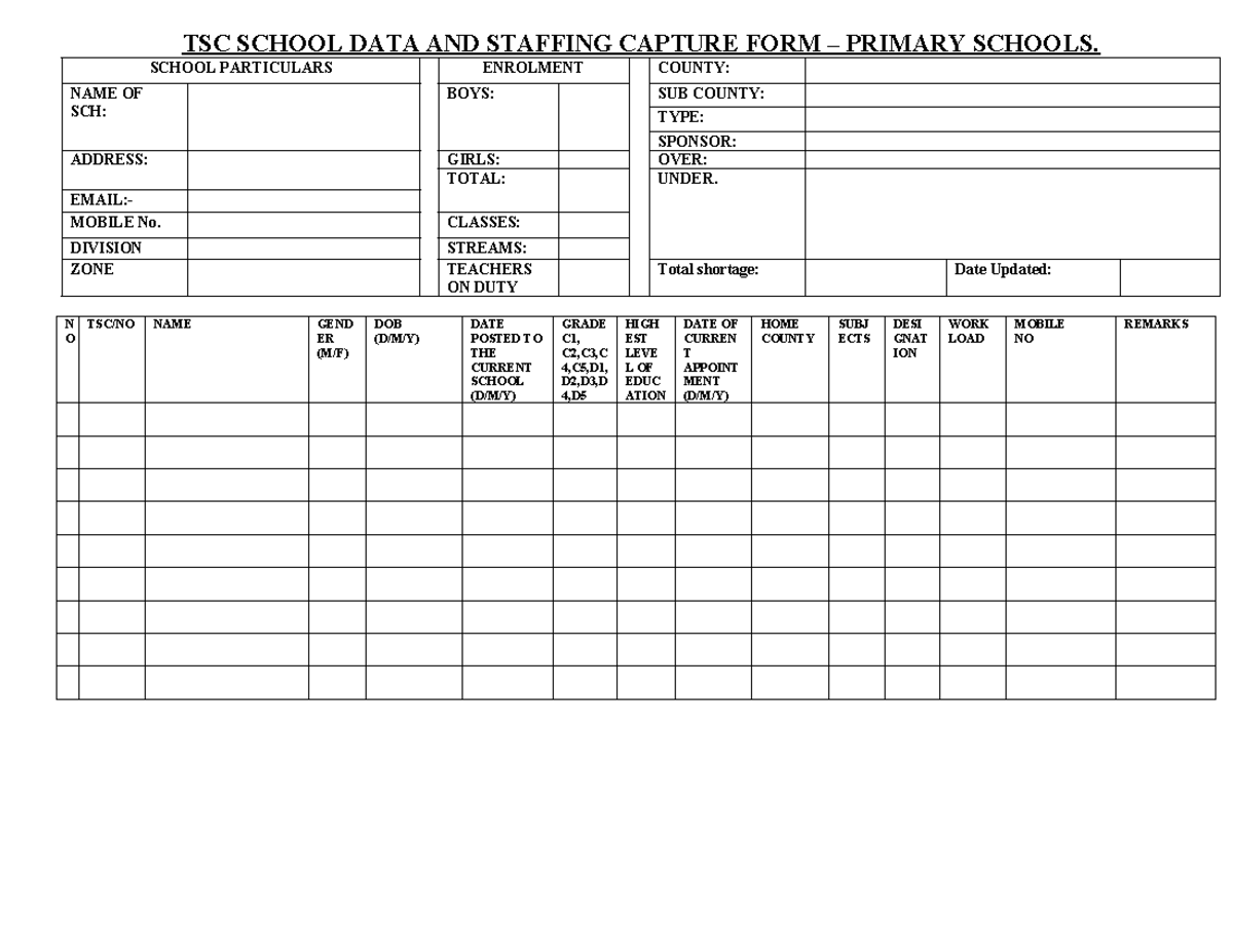 Data capture form Primary May, 2024 - TSC SCHOOL DATA AND STAFFING ...